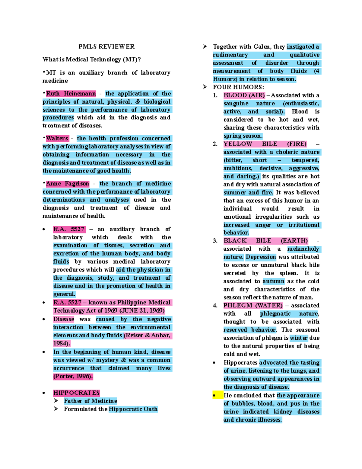 PMLS lecture notes - PMLS REVIEWER What is Medical Technology (MT)? *MT ...