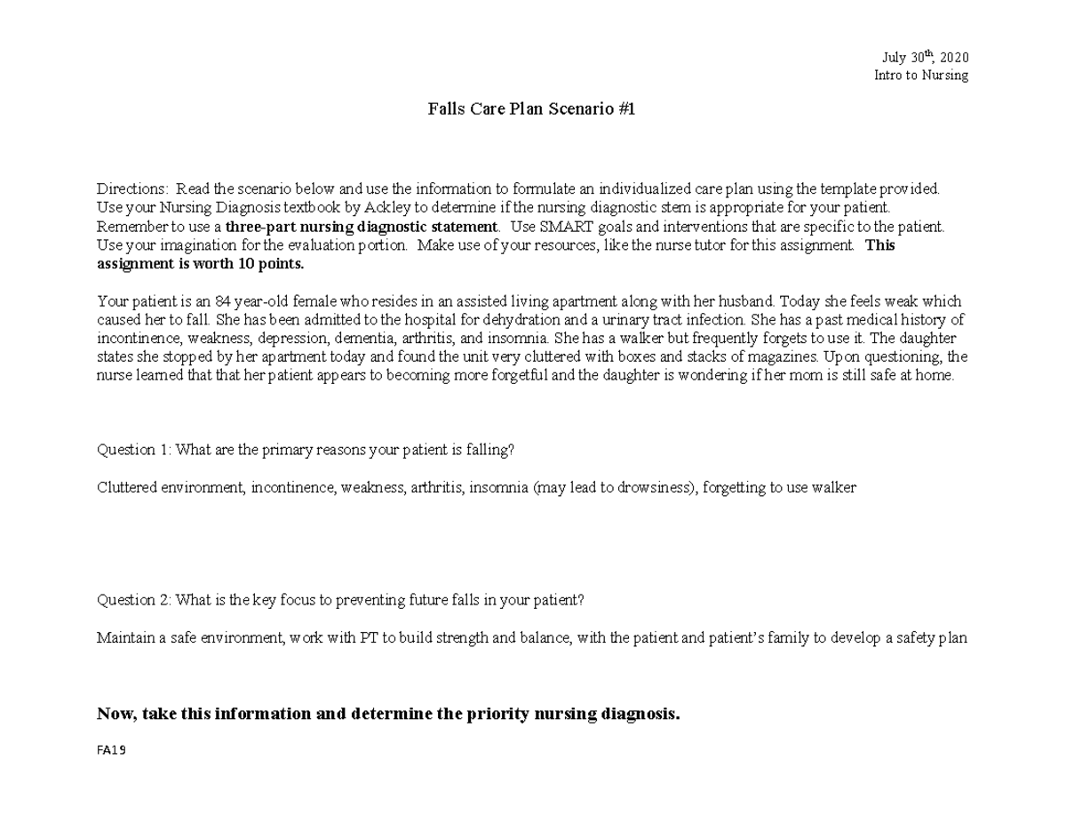 Falls Care Plan - Intro to Nursing Falls Care Plan Scenario Directions ...