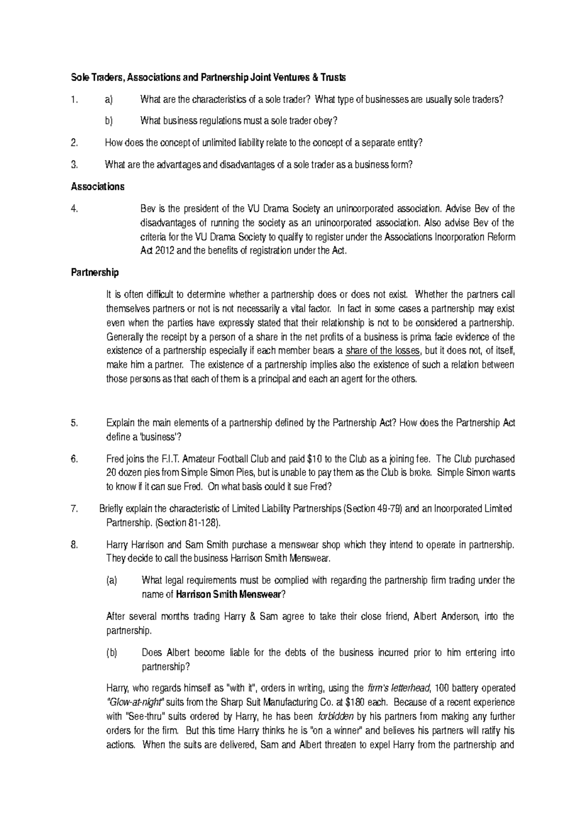 Tutorial Week 1 and 2 - Question - Sole Traders, Associations and ...