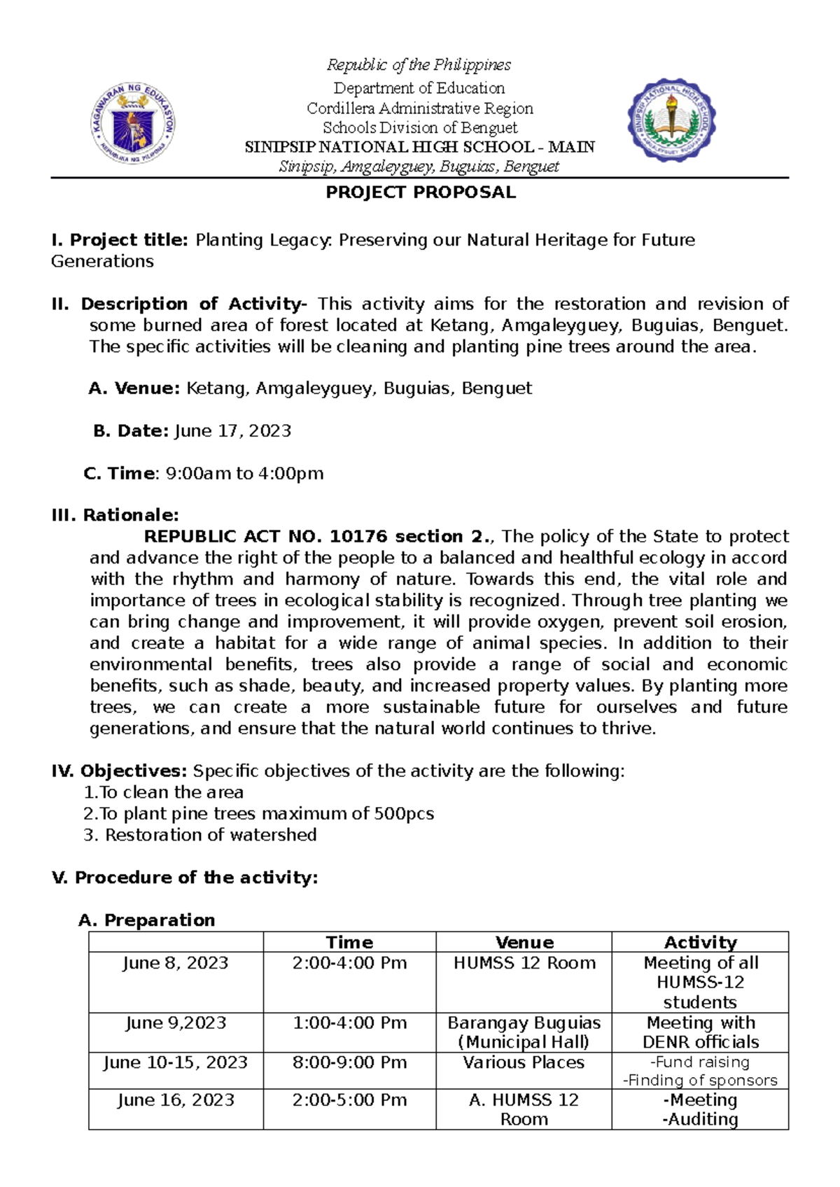 TREE Planting Project Proposal - Republic of the Philippines Department ...