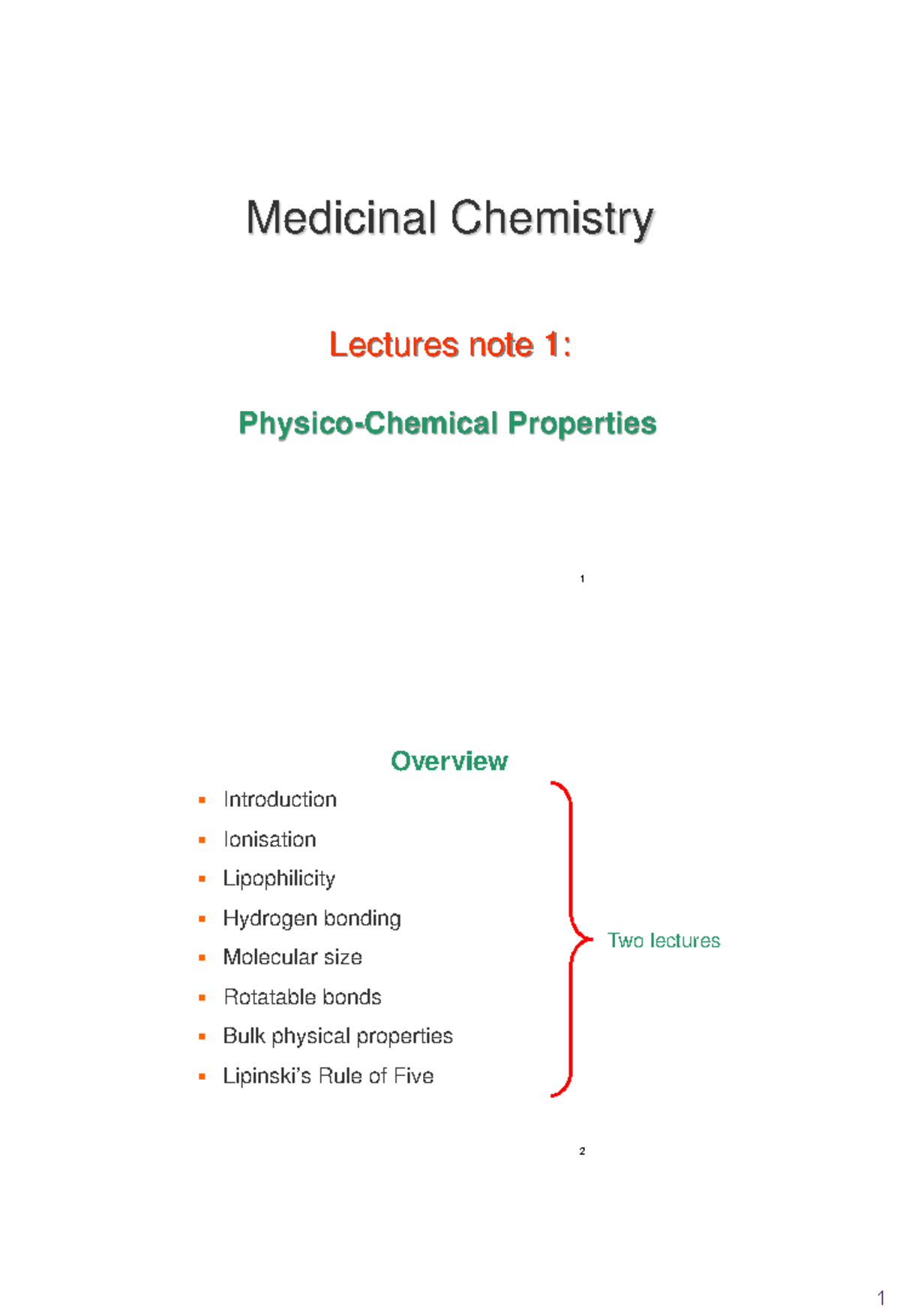 Physico Chem-p11 - Lecture notes 1 - 1 Medicinal Chemistry Lectures ...