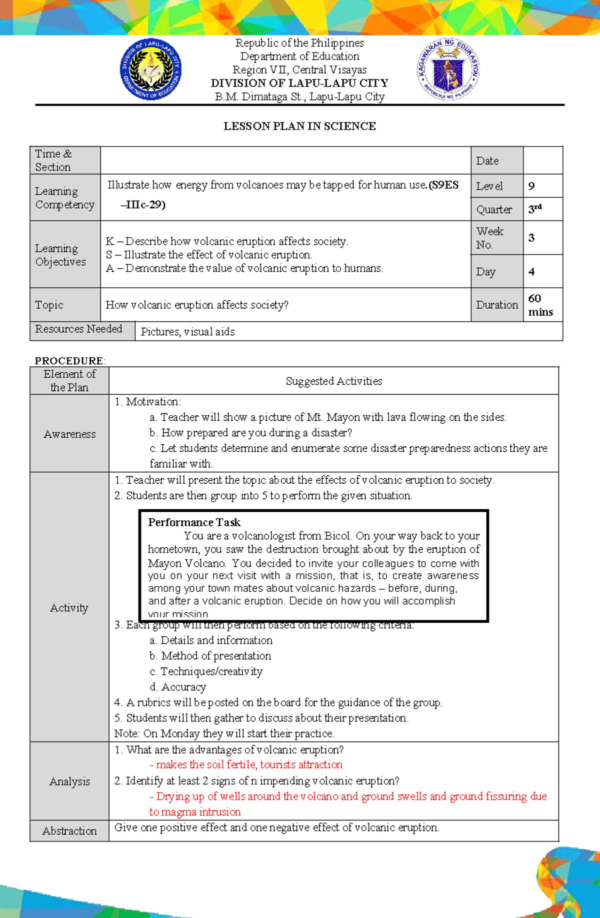 Science 9 Q3 W3 D4 - Lesson Plan - Republic of the Philippines ...