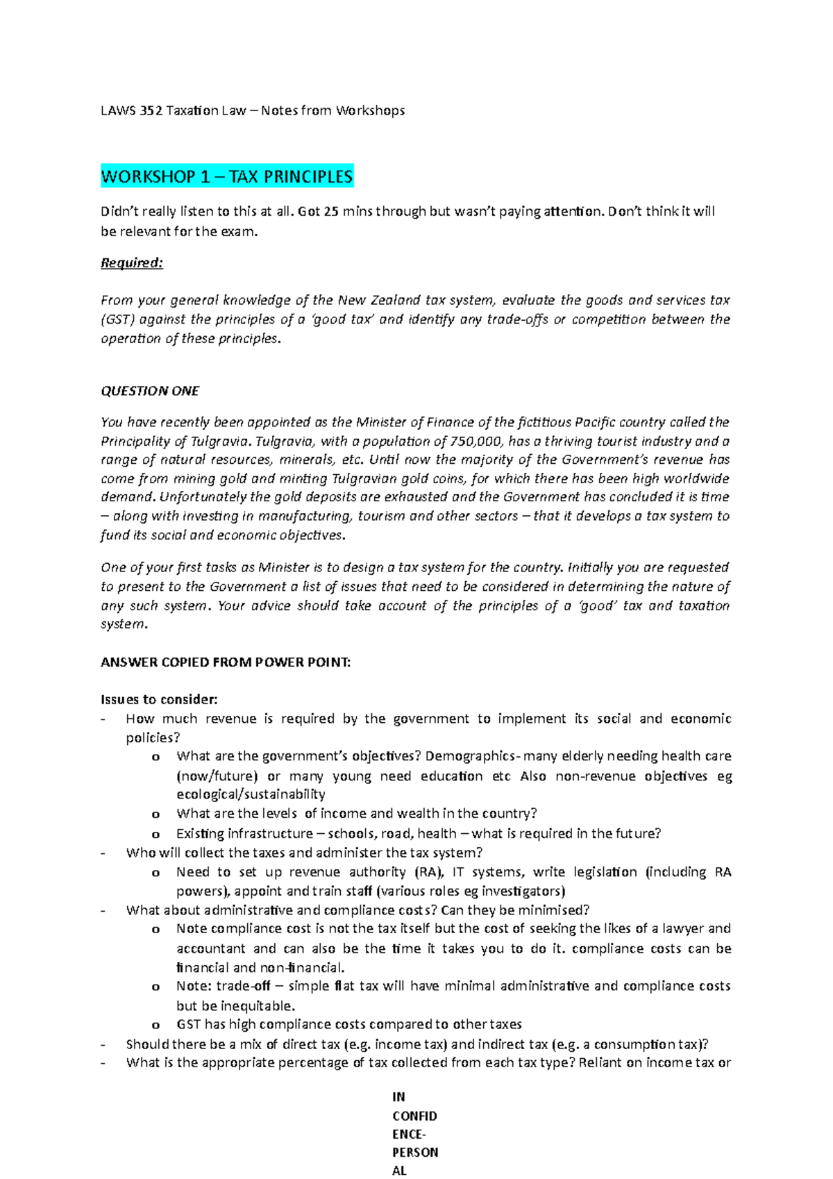 Workshop Notes - lectures 1-6 - LAWS 352 Taxation Law – Notes from ...