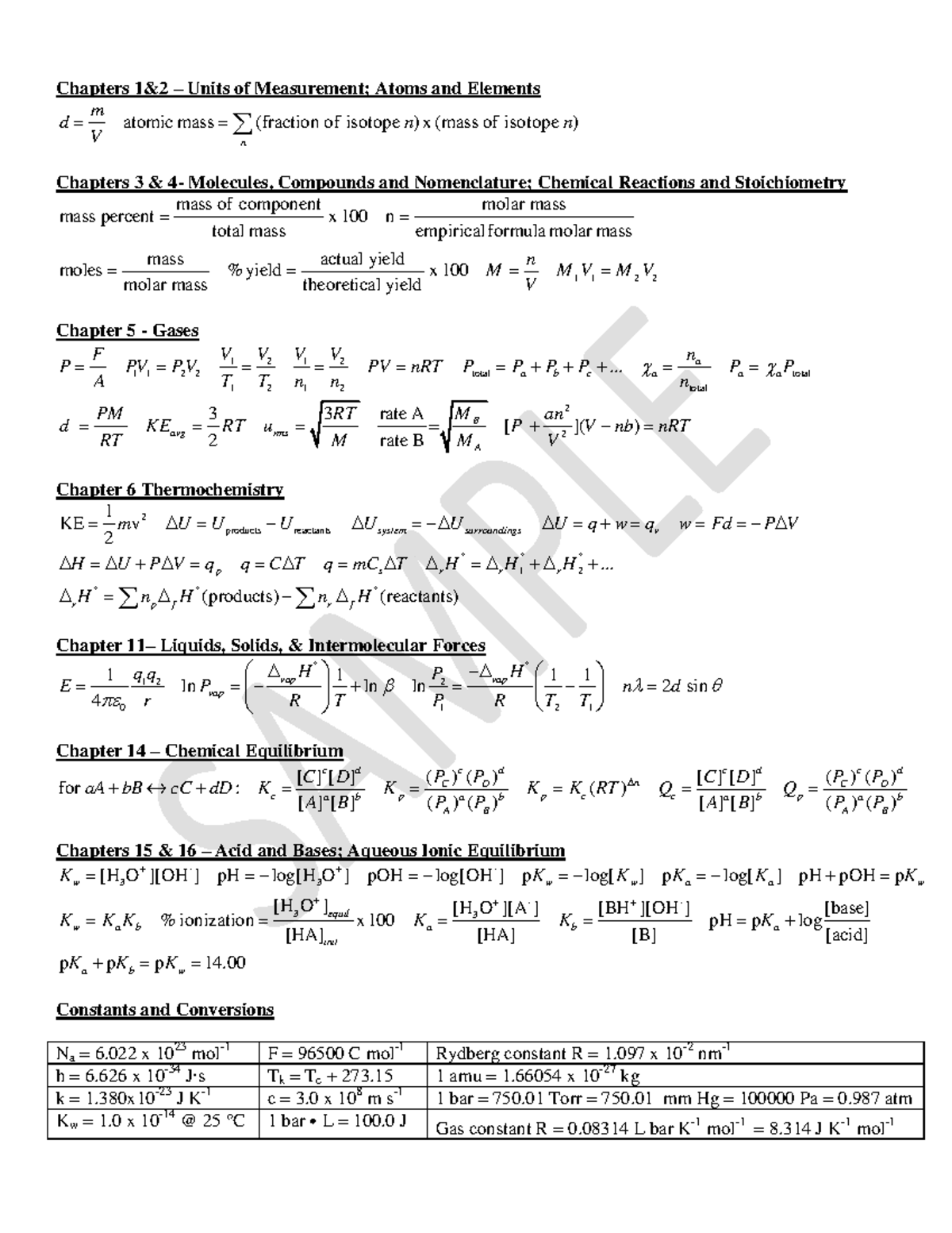 Chy102 Test #2 Formula Sheet Fall 2015 - Chapters Units of Atoms and ...