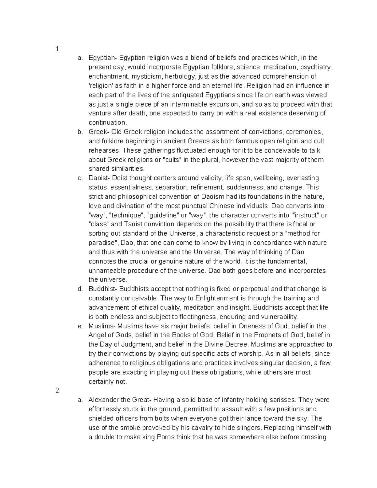 Final Exam World Civ. - 1. a. Egyptian- Egyptian religion was a blend ...
