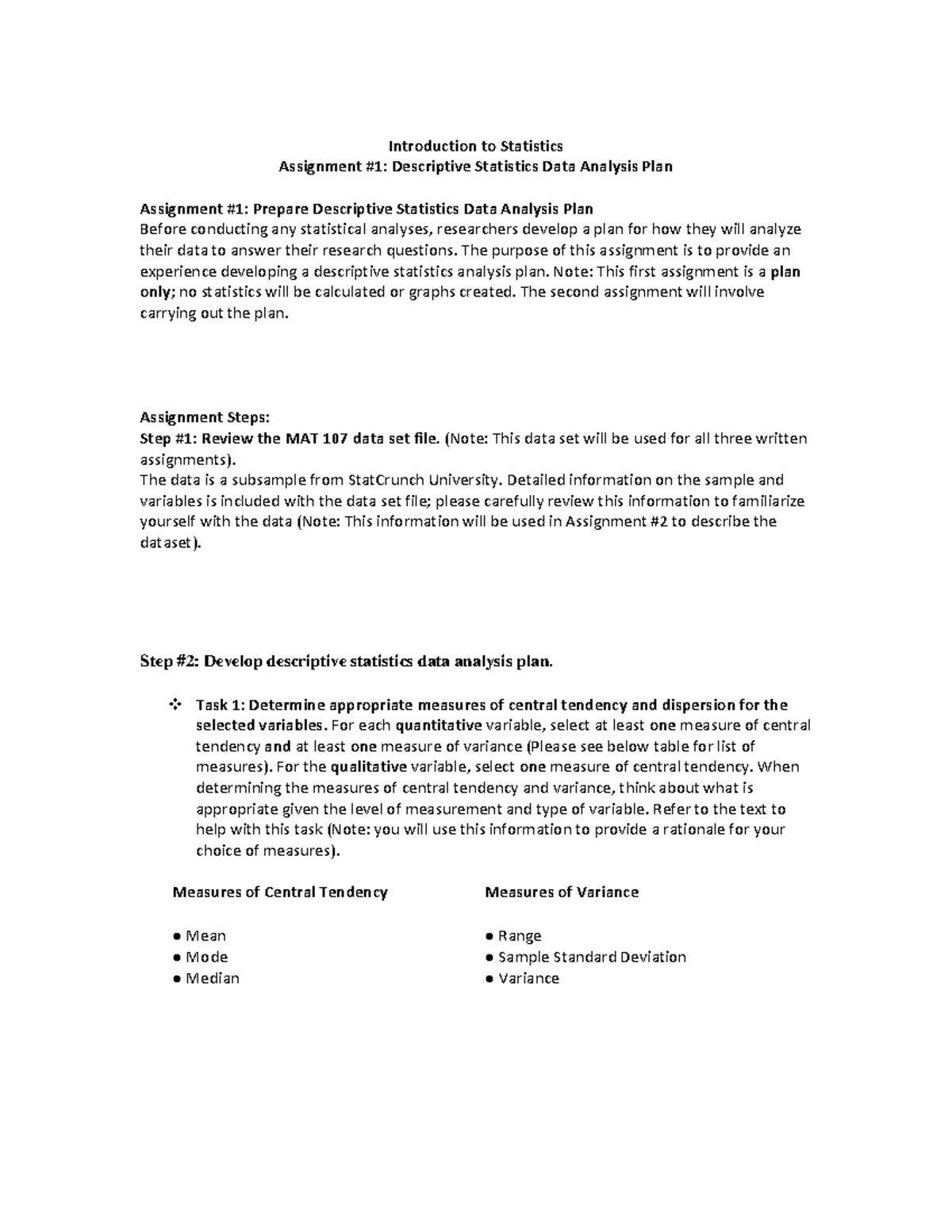 Assignment #1 Data Analysis Plan Instructions 2 - Introduction to ...