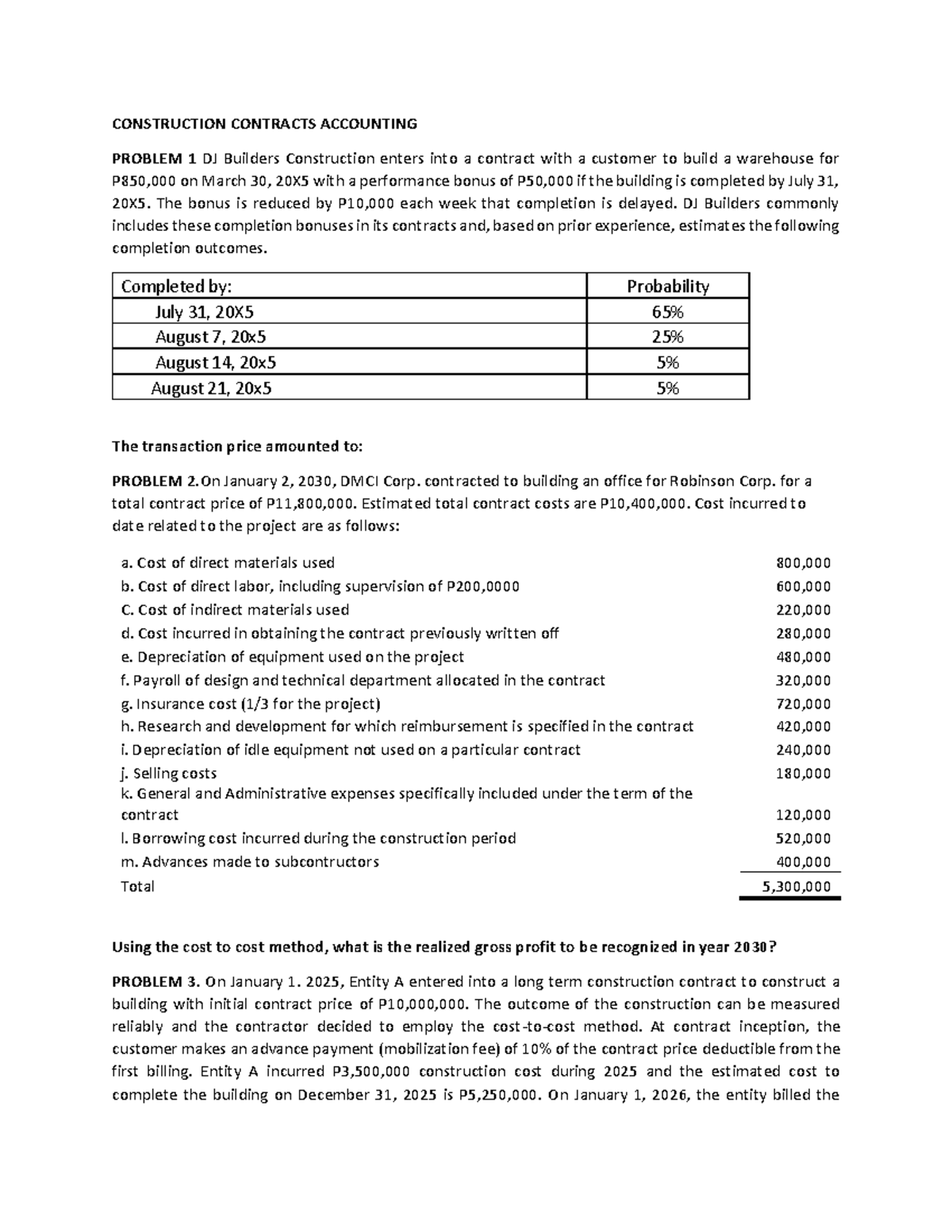 Construction- Franchise - CONSTRUCTION CONTRACTS ACCOUNTING PROBLEM 1 ...