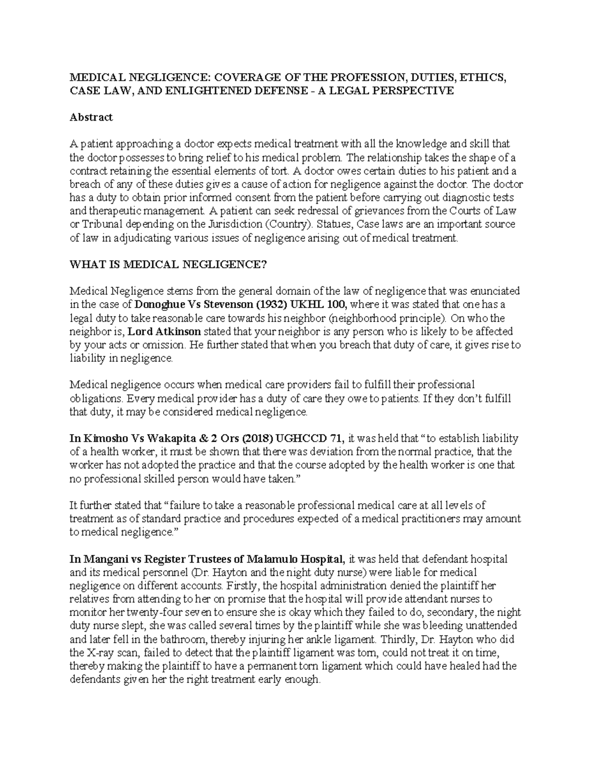 Medical negligence Notes - MEDICAL NEGLIGENCE: COVERAGE OF THE ...