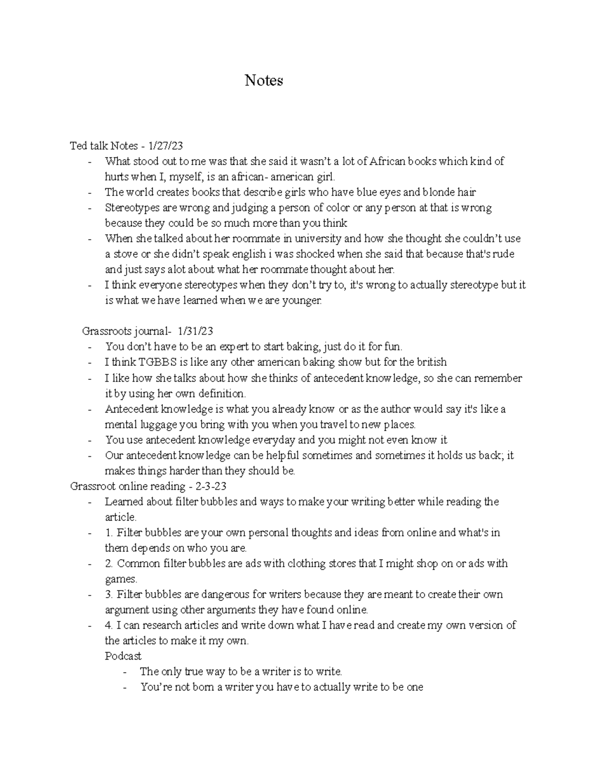 Uptake Journal for ENG 101 - Google Docs - Notes Ted talk Notes - 1/27 ...