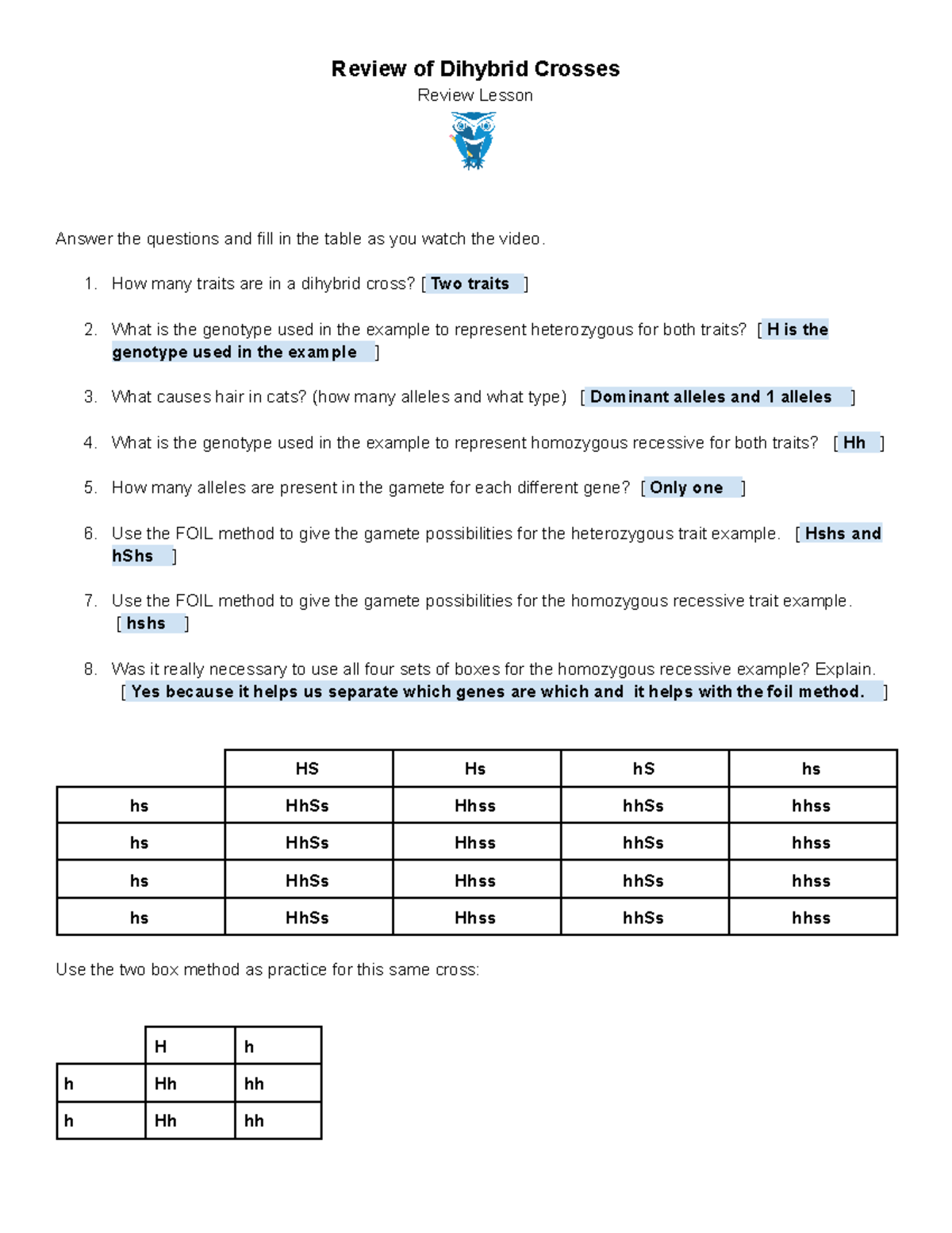 Copy of Review Dihybrid Crosses - Review of Dihybrid Crosses Review ...