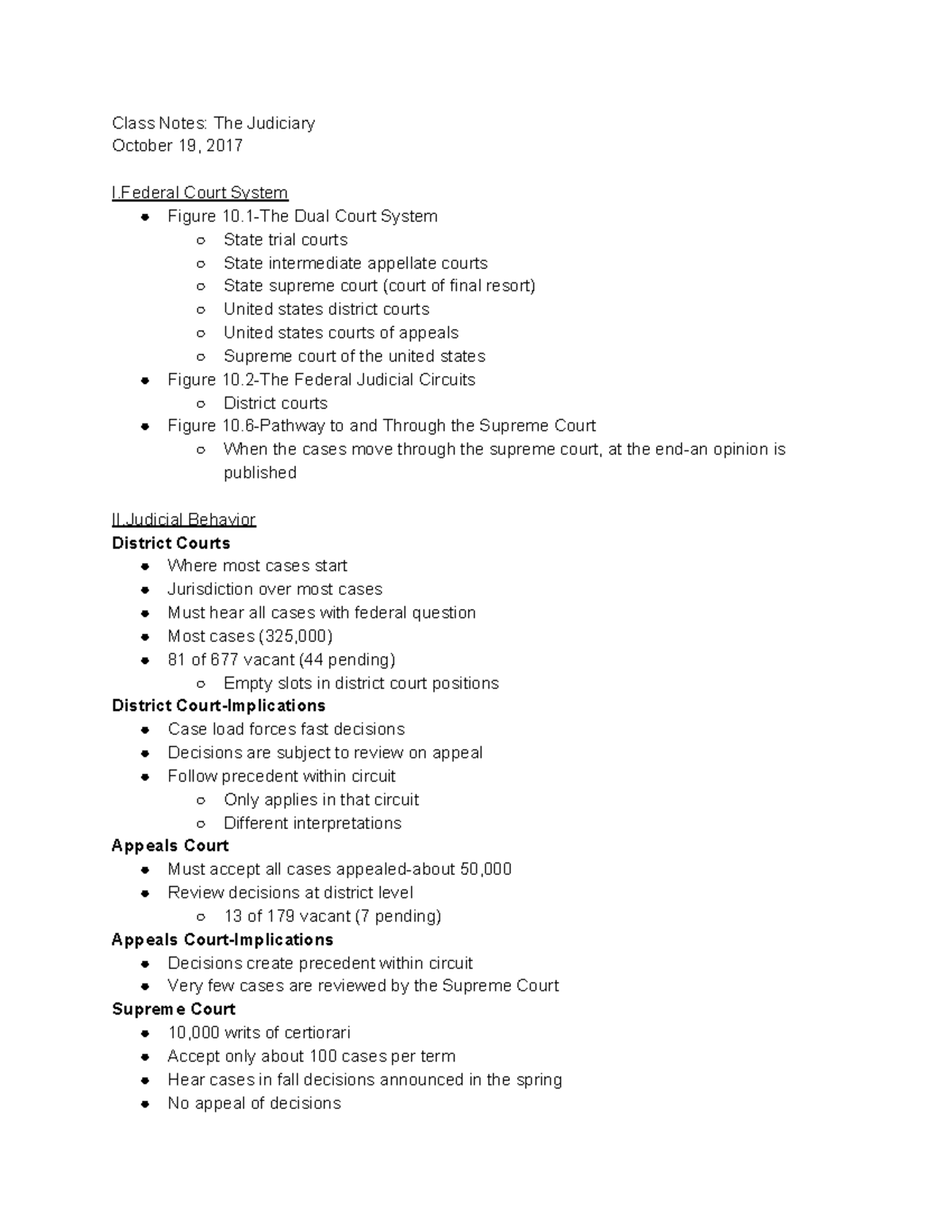 10/19 Class Notes The Judiciary - Class Notes: The Judiciary October 19 ...