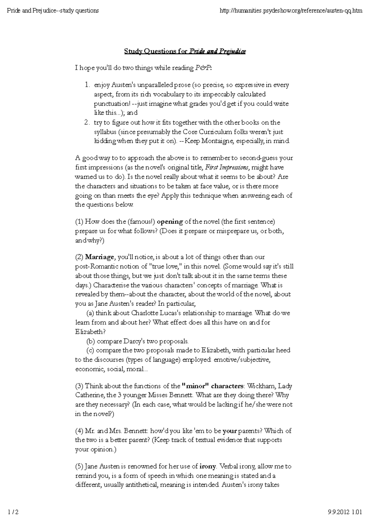 Pride and Prejudice-study questions - Study Questions for PP r r i i d ...