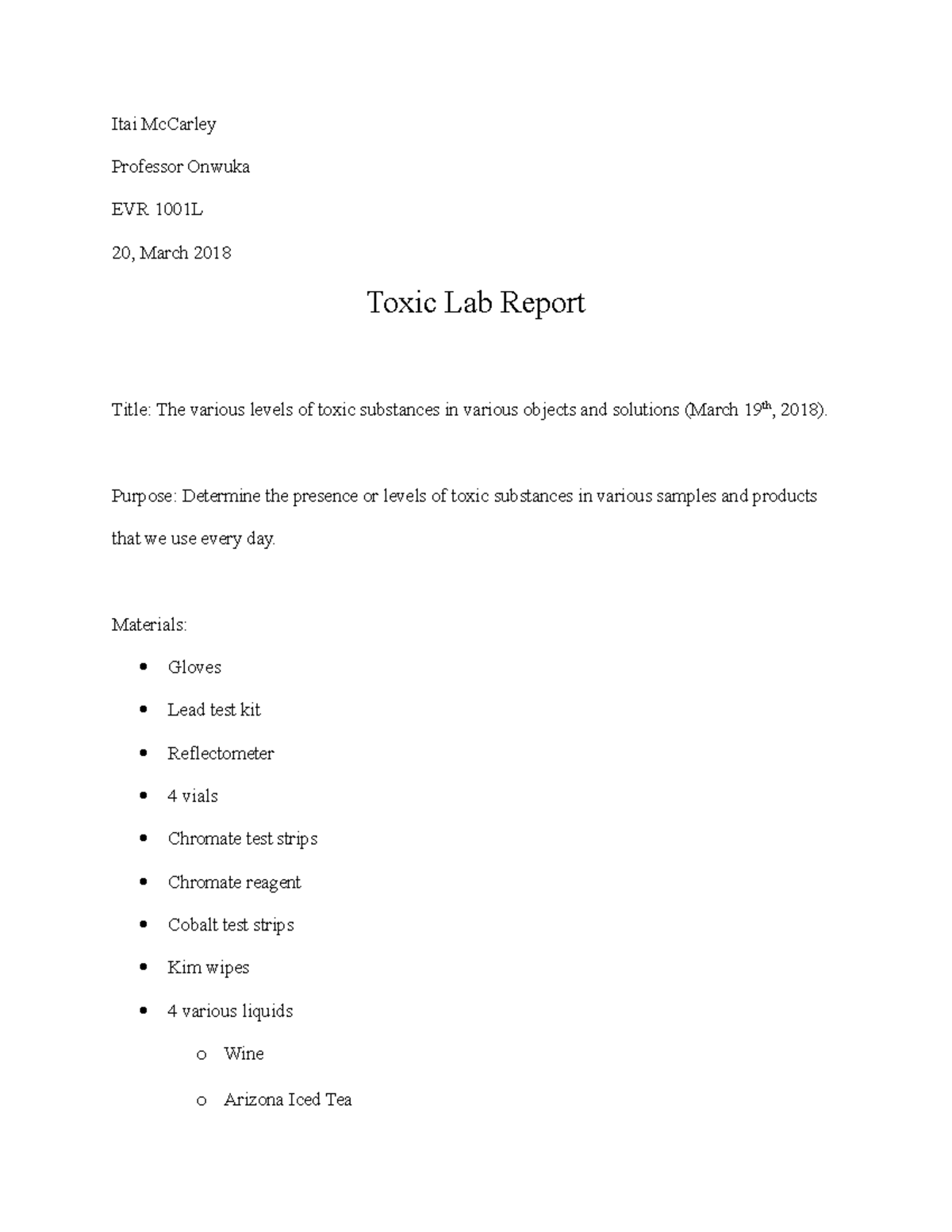 Toxic Lab - Grade: A - Itai McCarley Professor Onwuka EVR 1001L 20 ...