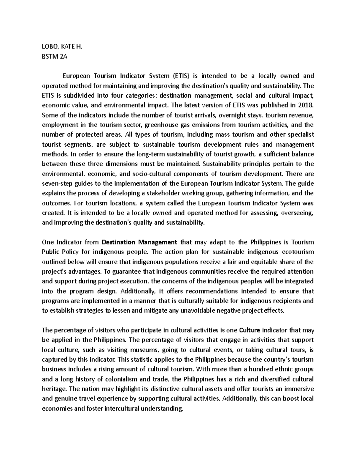 Lobo, Kate H - ESSAY - LOBO, KATE H. BSTM 2A European Tourism Indicator ...