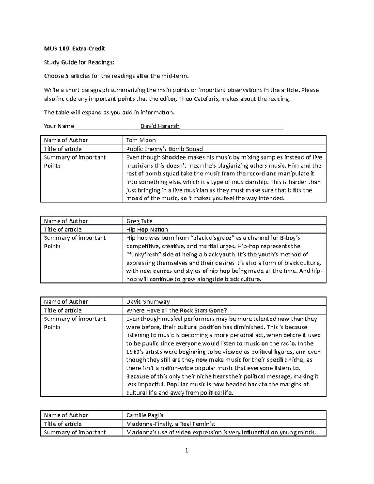 Hararah - music - MUS 109 Extra-Credit Study Guide for Readings: Choose ...
