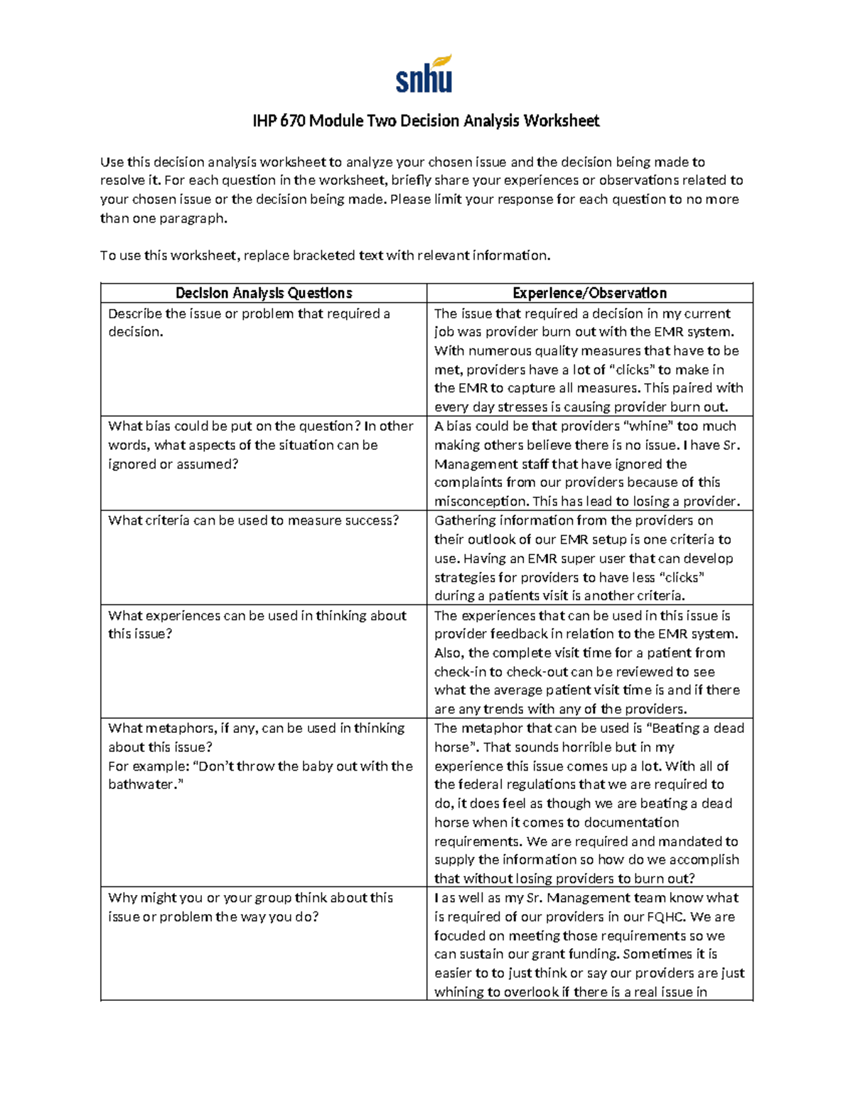 IHP 670 Module Two Decision Analysis Worksheet Angela Mc Vey - IHP 670 ...