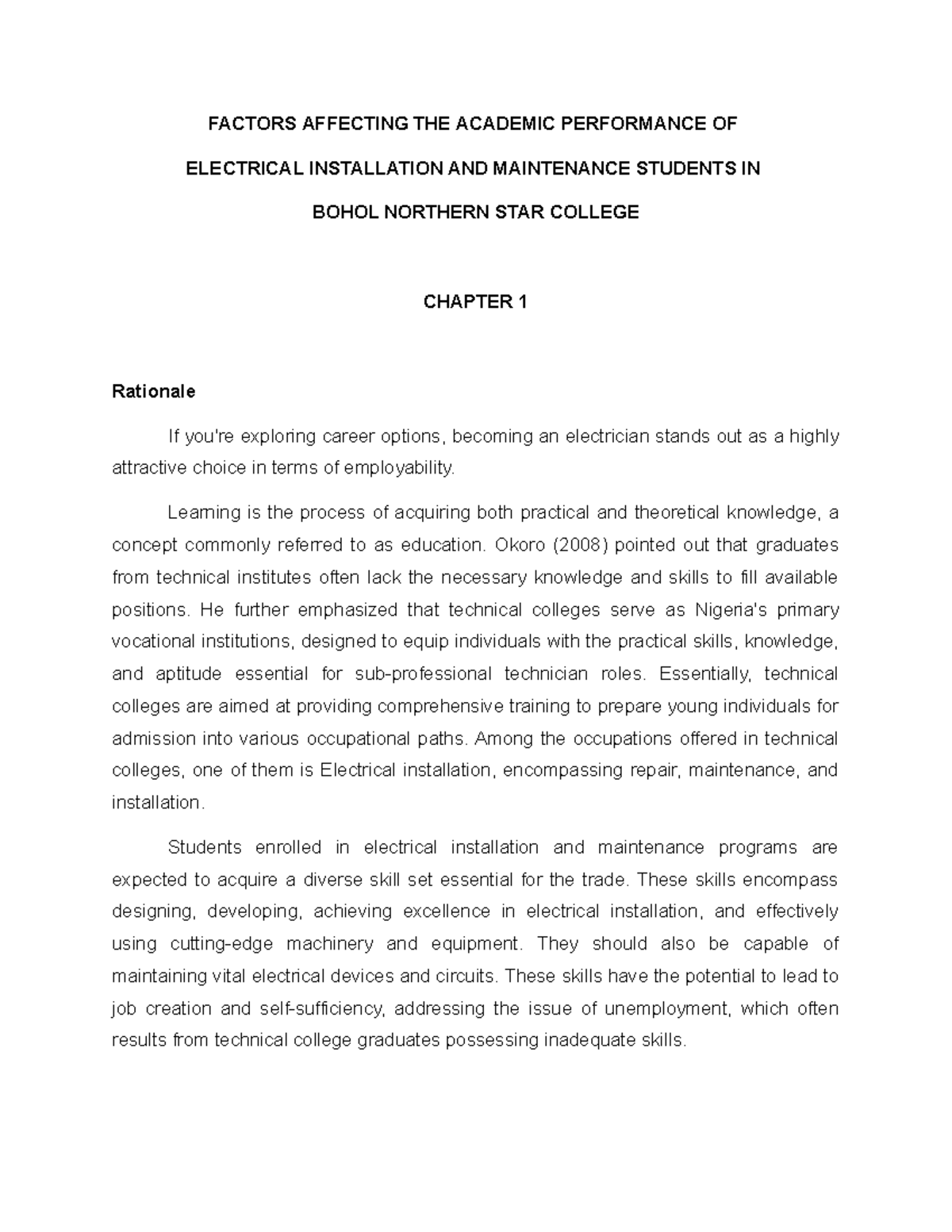 Level OF Electrical Skills OF Electrical Installation AND Maintenance ...