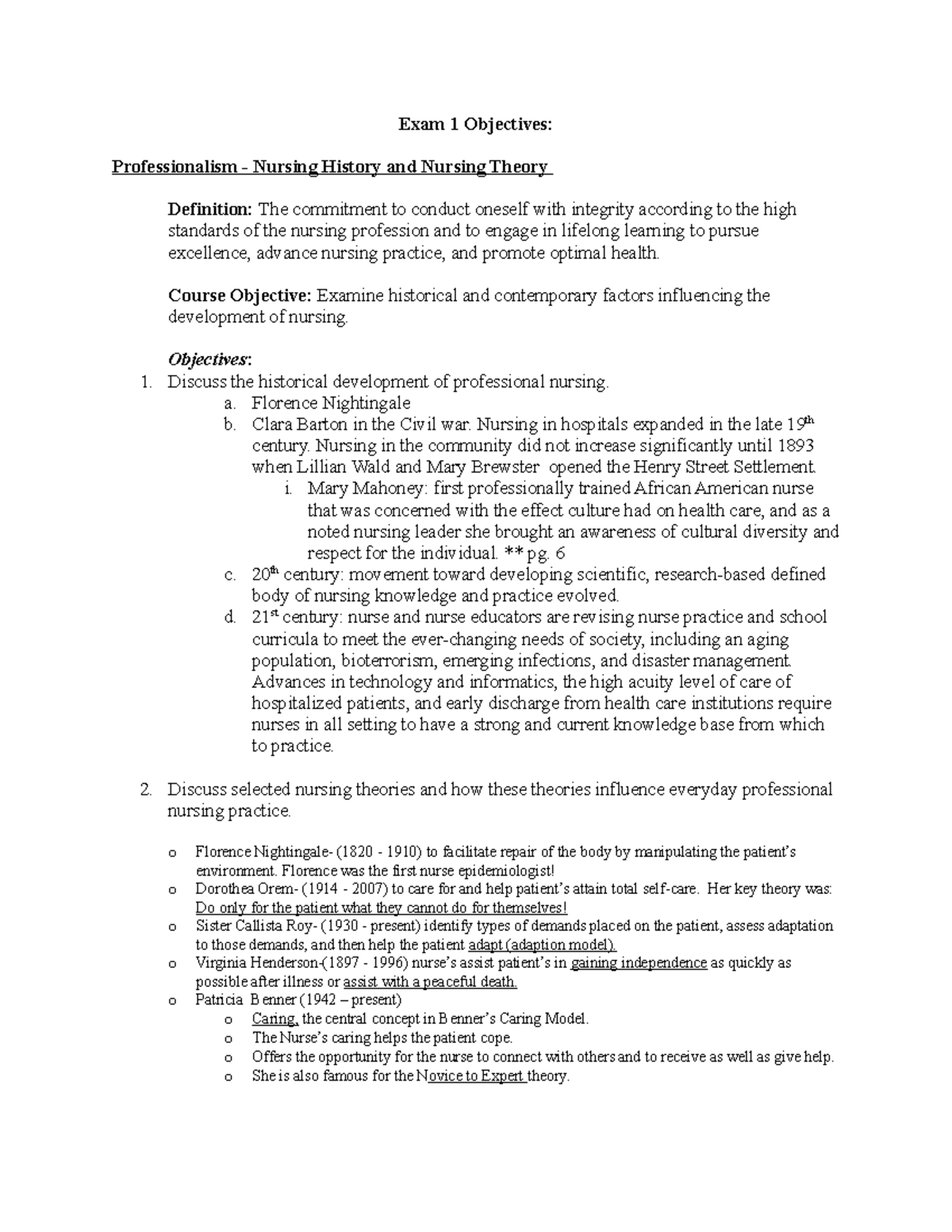 Exam 1 Objectives - exam 1 - Exam 1 Objectives: Professionalism ...