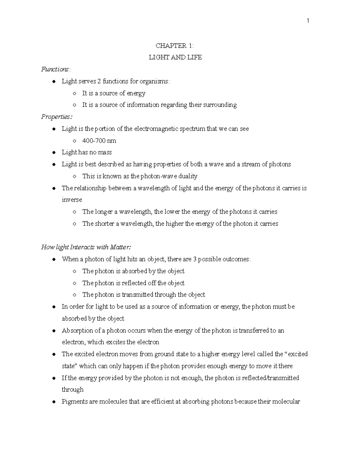 BIOL 1000 Chapter 1 Light & Life - 1 CHAPTER 1: LIGHT AND LIFE ...