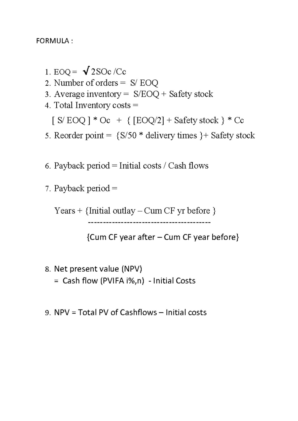 FIN Formula - FINANCIAL MANAGEMENT - FORMULA : 1. EOQ = 2SOc /Cc 2 ...