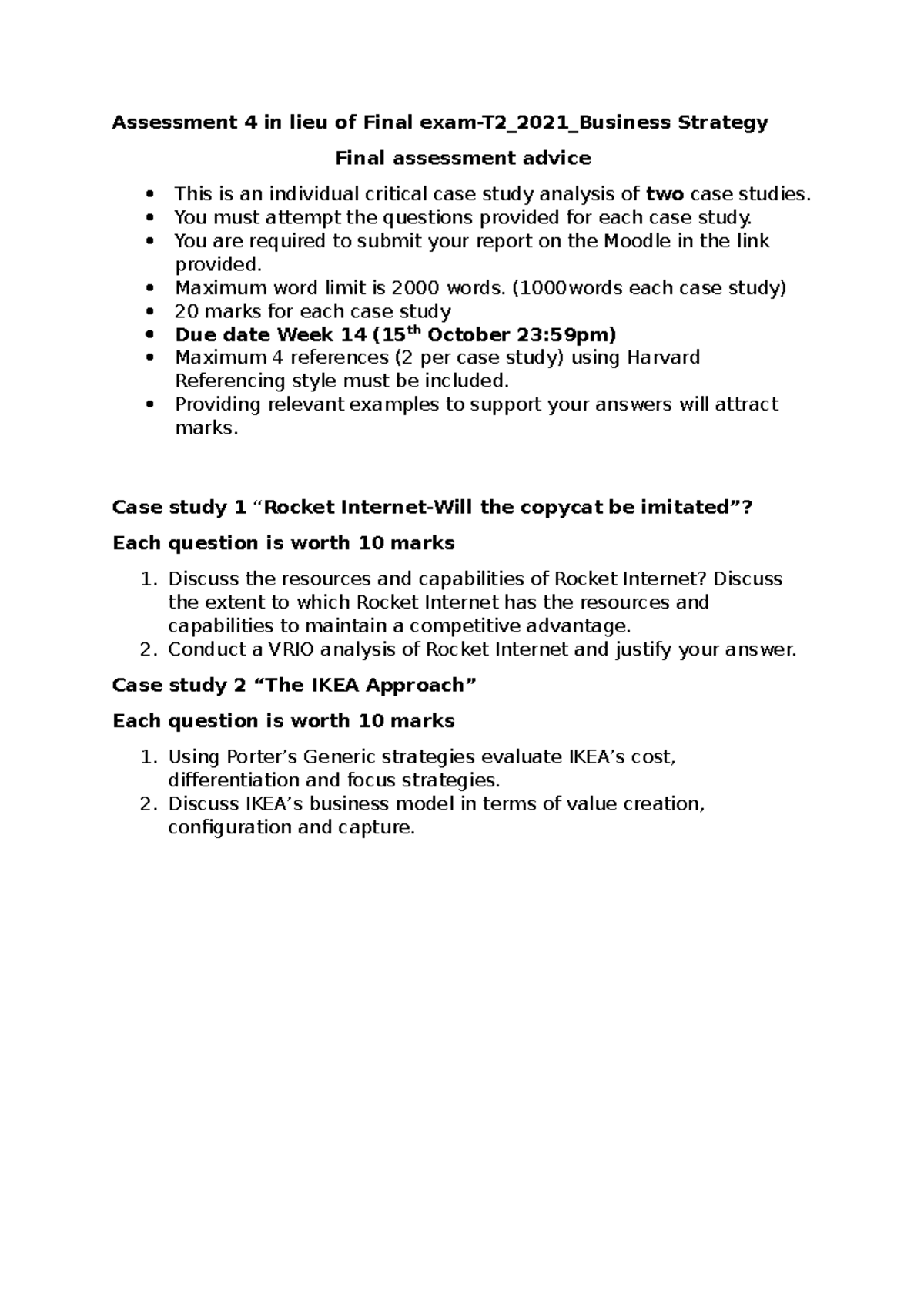 Business Strategy Assessment 4 advice in lieu of Final exam ...