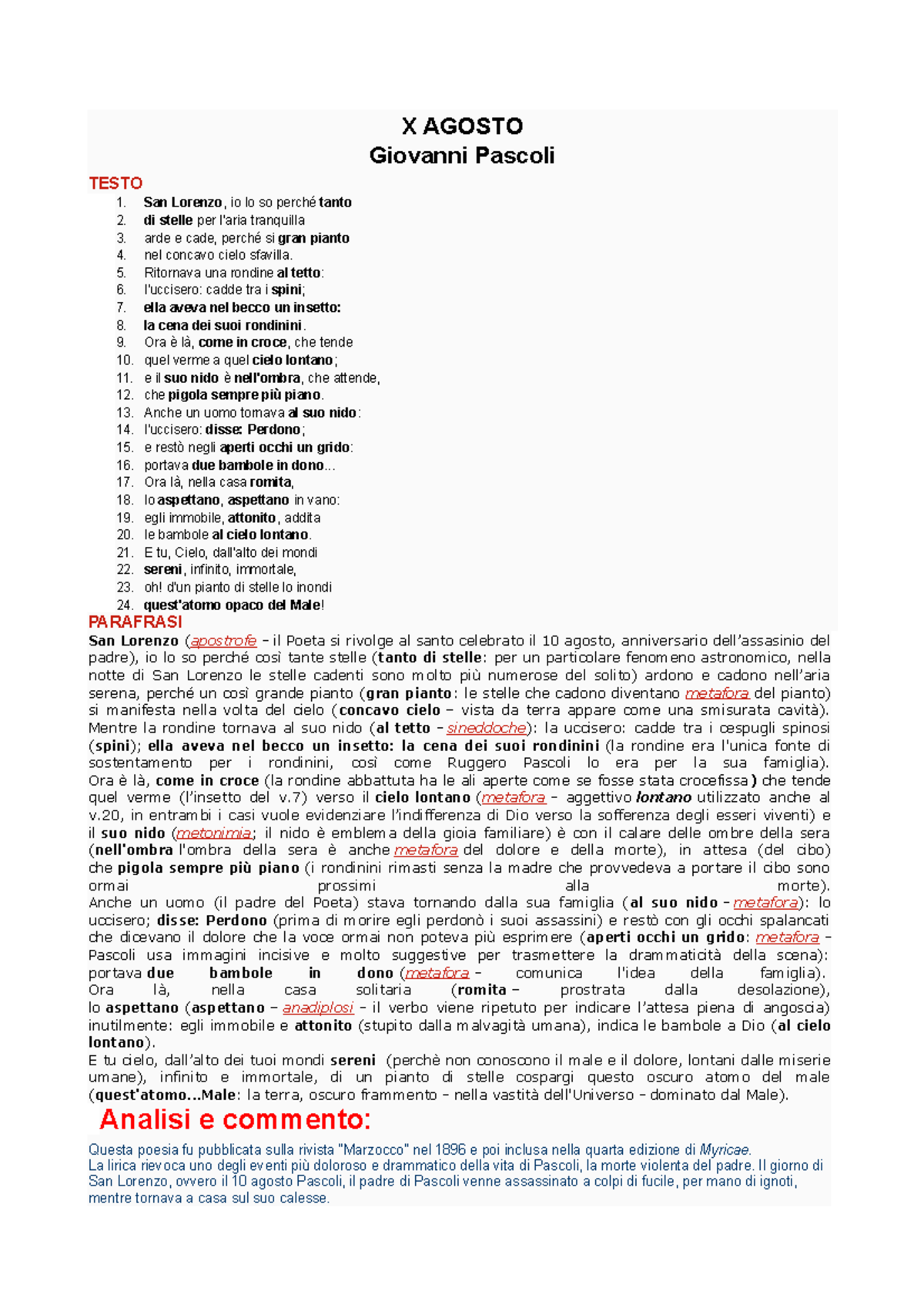 X Agosto - analisi del testo - X AGOSTO Giovanni Pascoli TESTO San ...