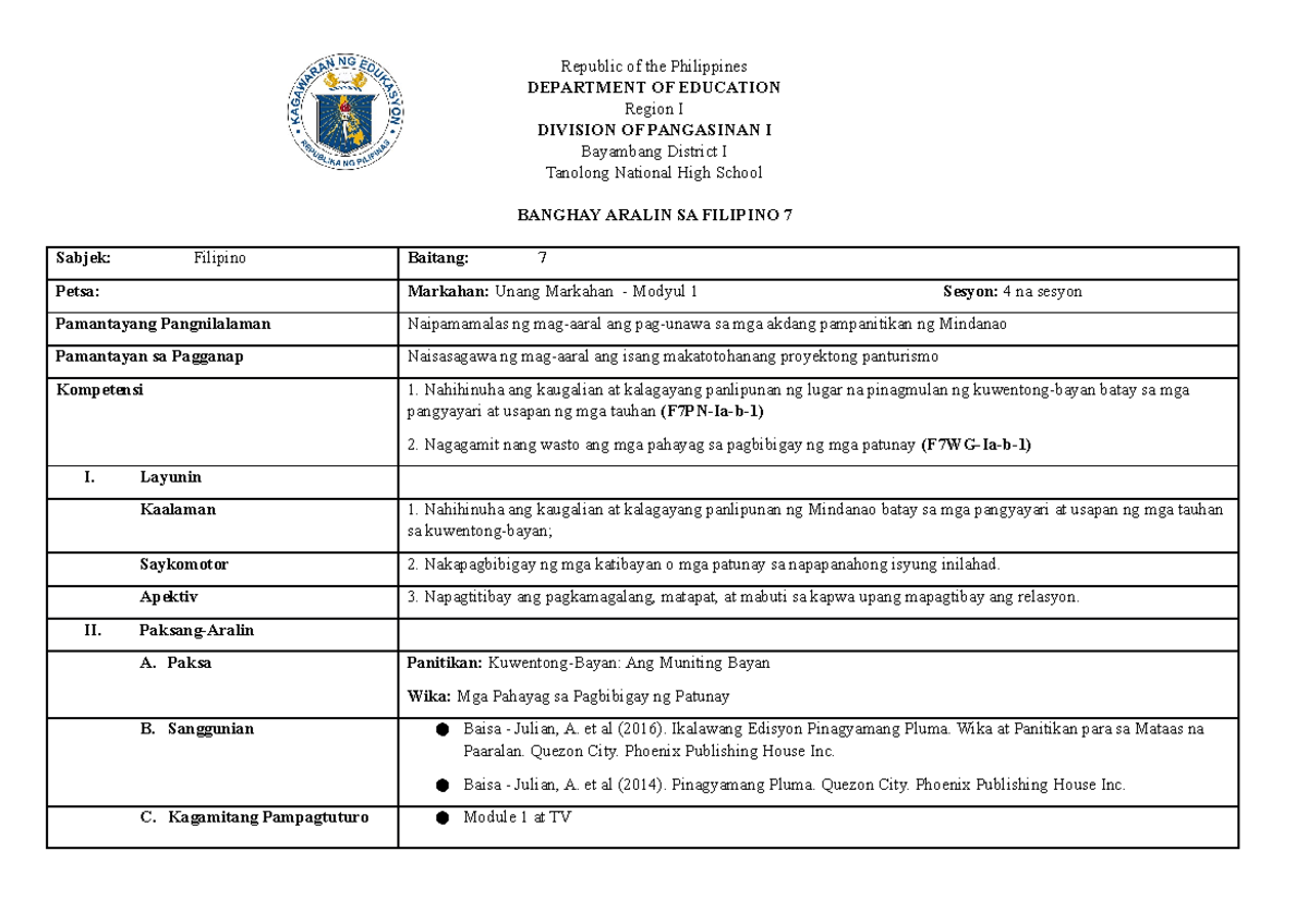 Lesson Plan Grade 7 - Module 1 - Republic of the Philippines DEPARTMENT ...