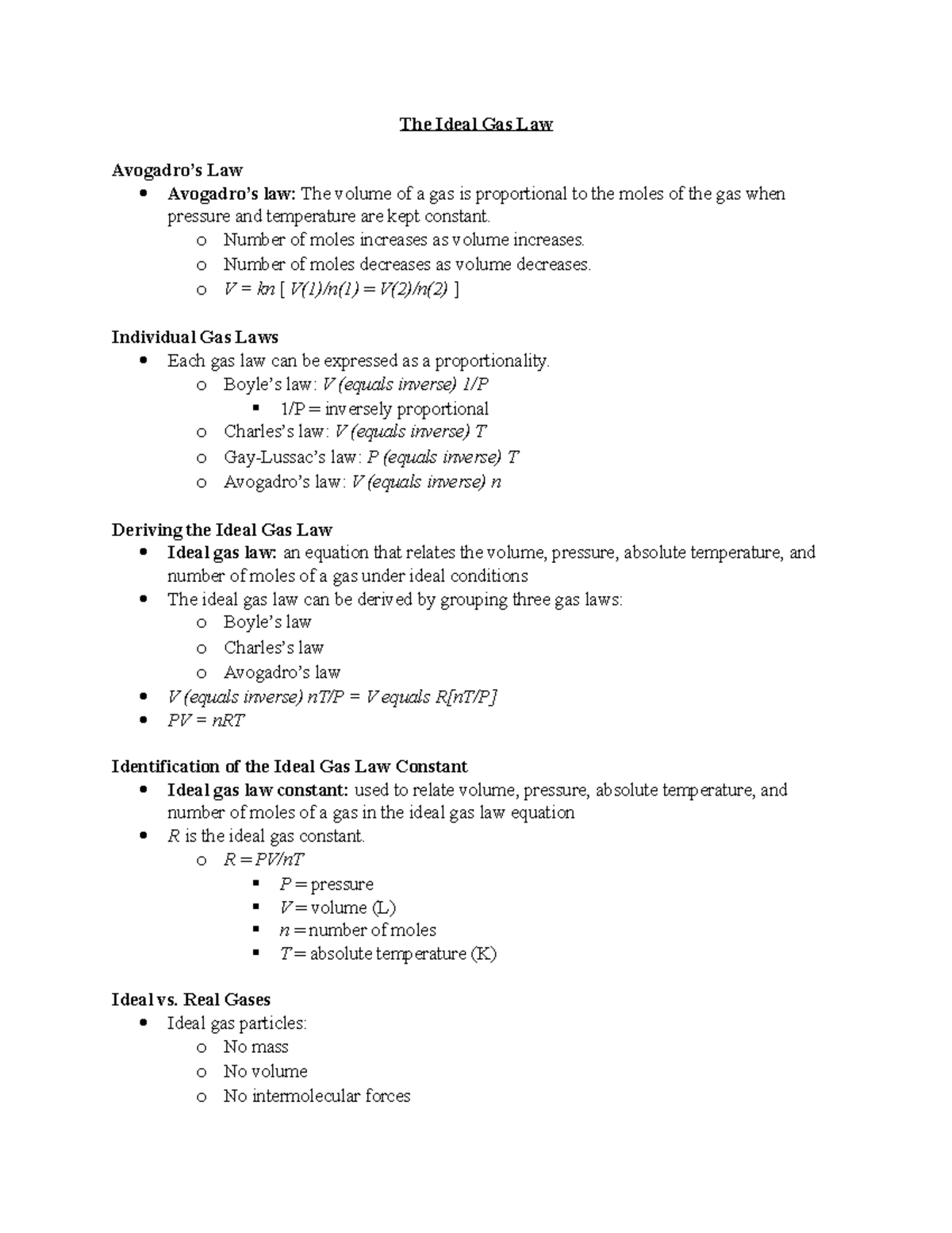 Chemistry - Notes - The Ideal Gas Law Avogadro’s Law Avogadro’s law ...