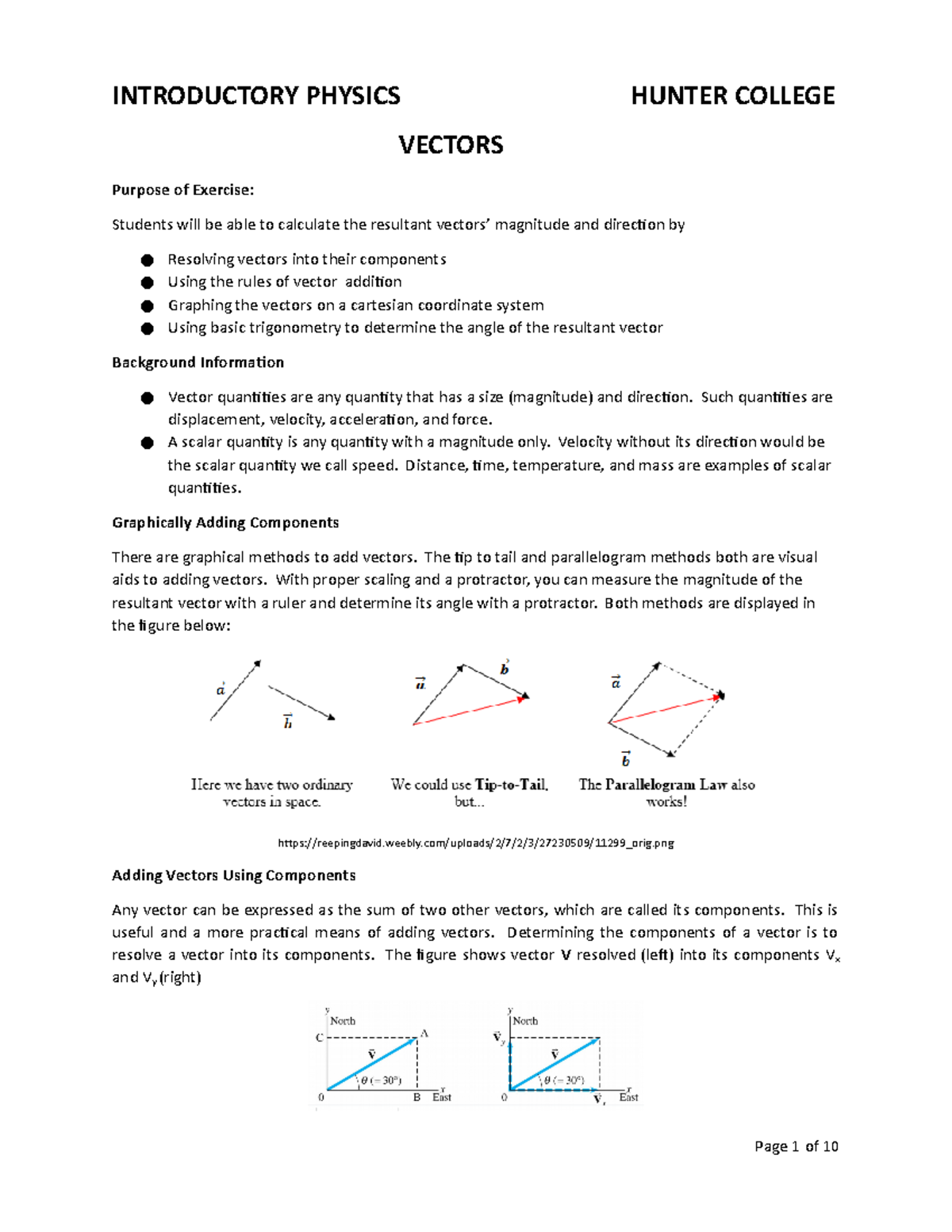 003 Vector Lab Simulation - INTRODUCTORY PHYSICS HUNTER COLLEGE VECTORS ...