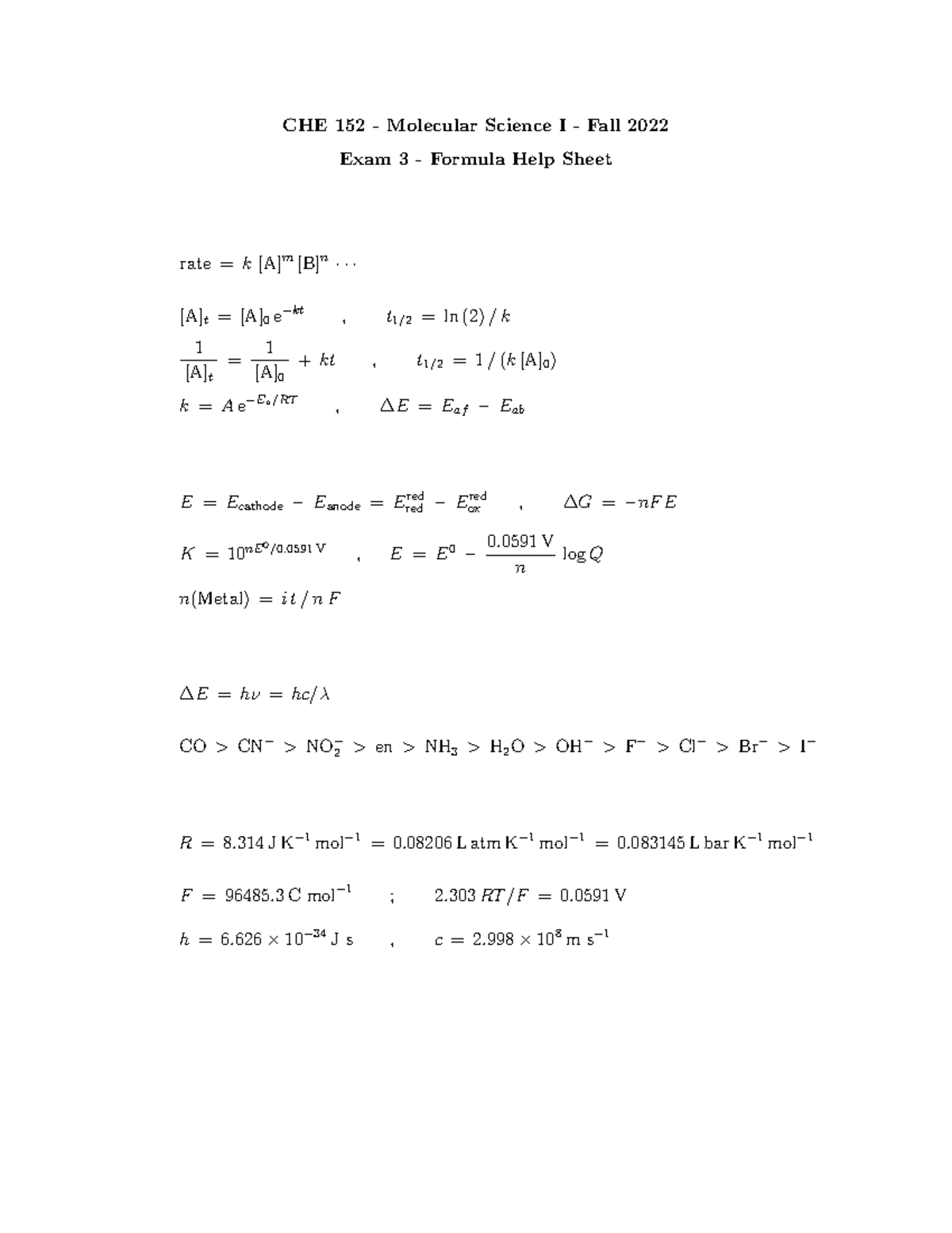 Formula Sheet E 3 - CHE 152 - Molecular Science I - Fall 2022 Exam 3 ...