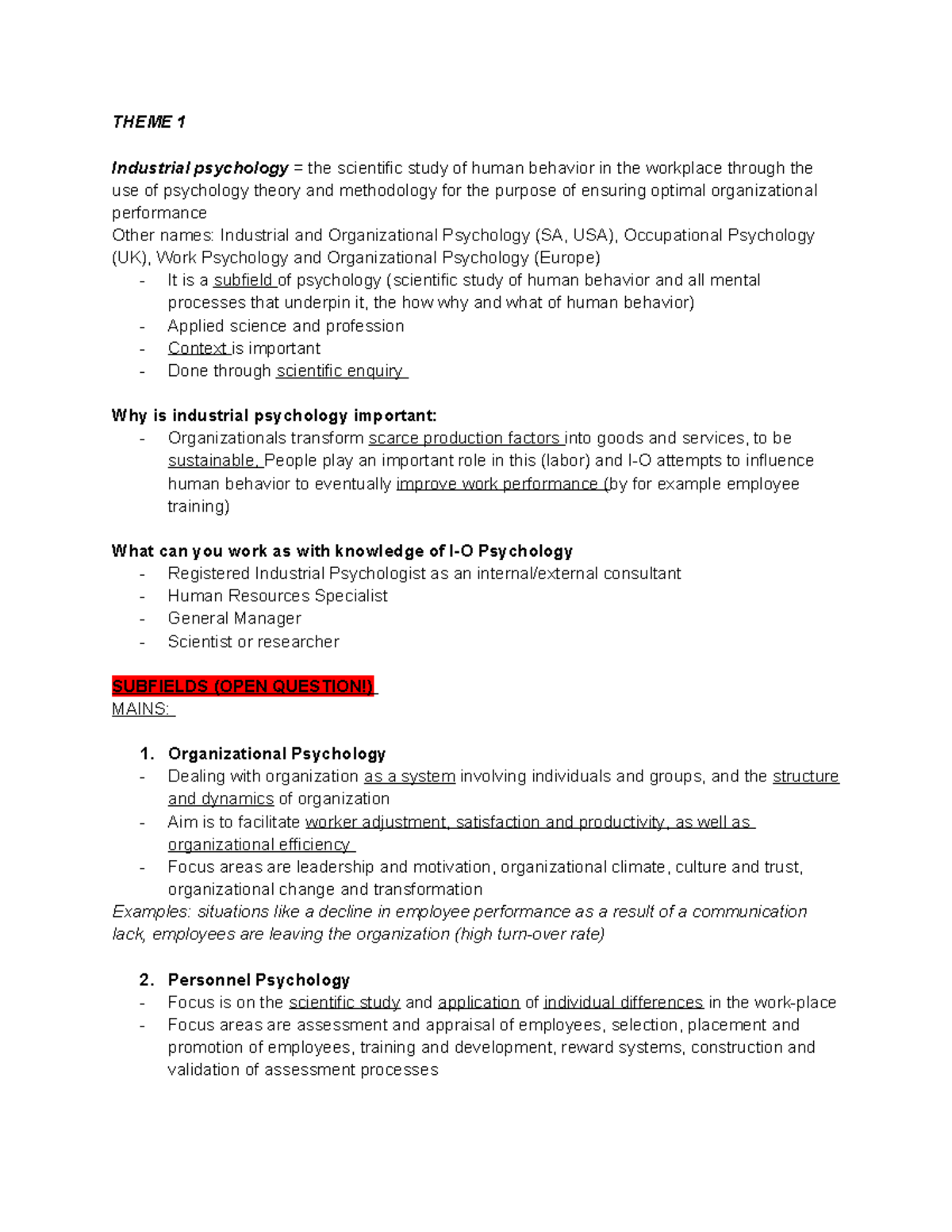 Mini SV Industrial - Mini summary - THEME 1 Industrial psychology = the ...