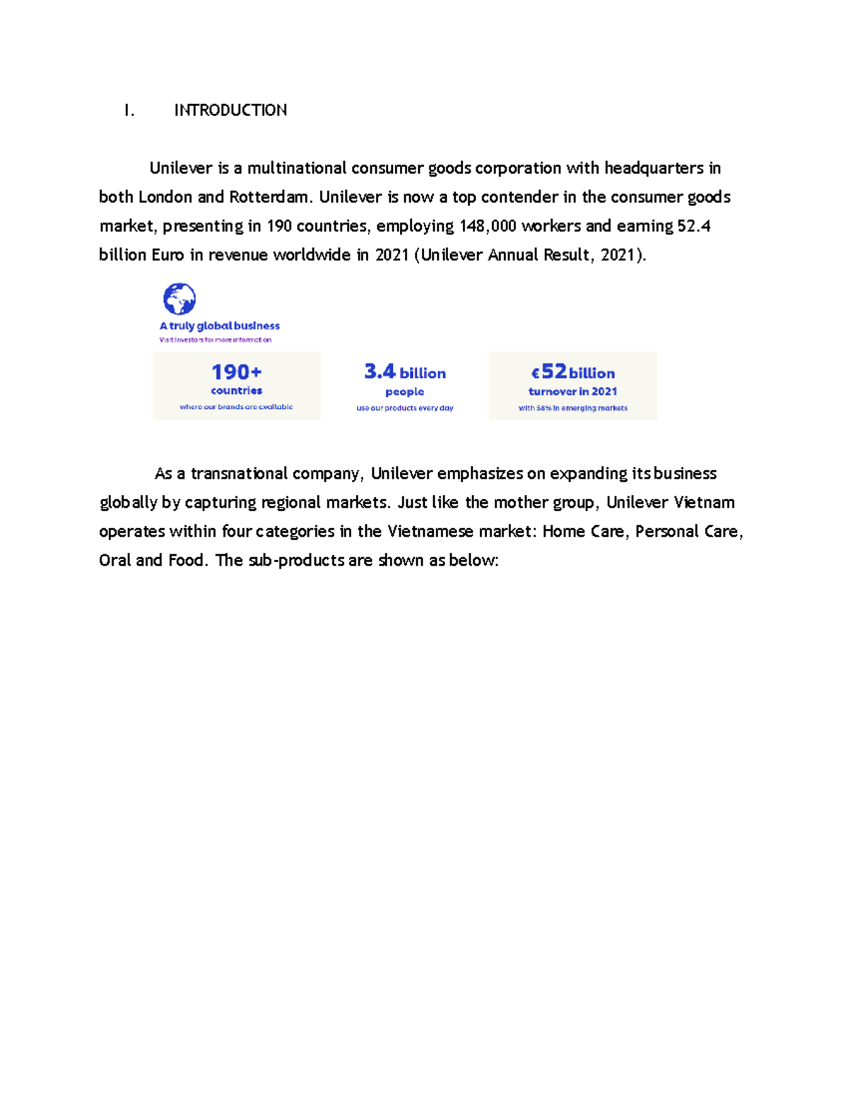 Draft TASK 1 - CWEF - I. INTRODUCTION Unilever is a multinational ...