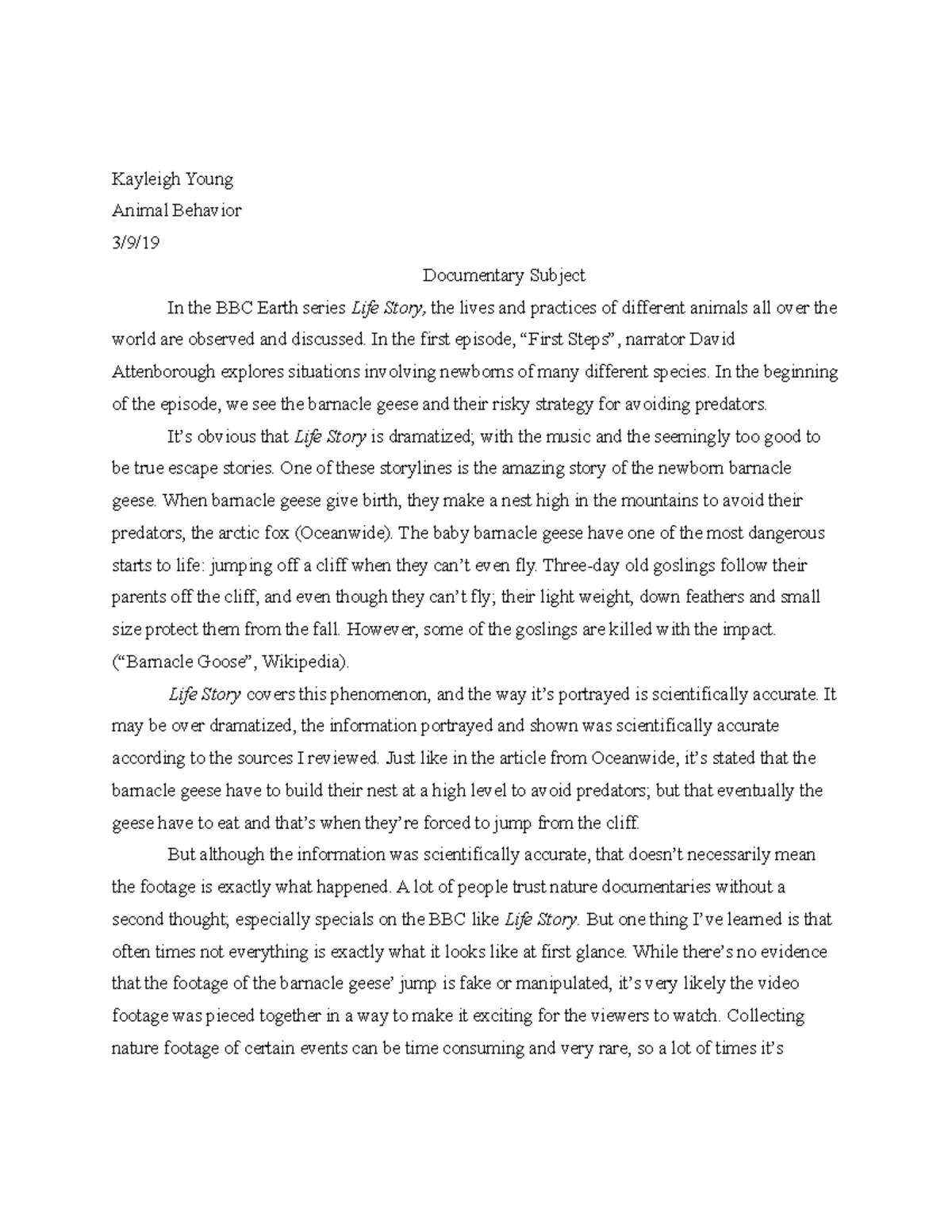 Animal - Kayleigh Young Animal Behavior 3/9/ Documentary Subject In the ...