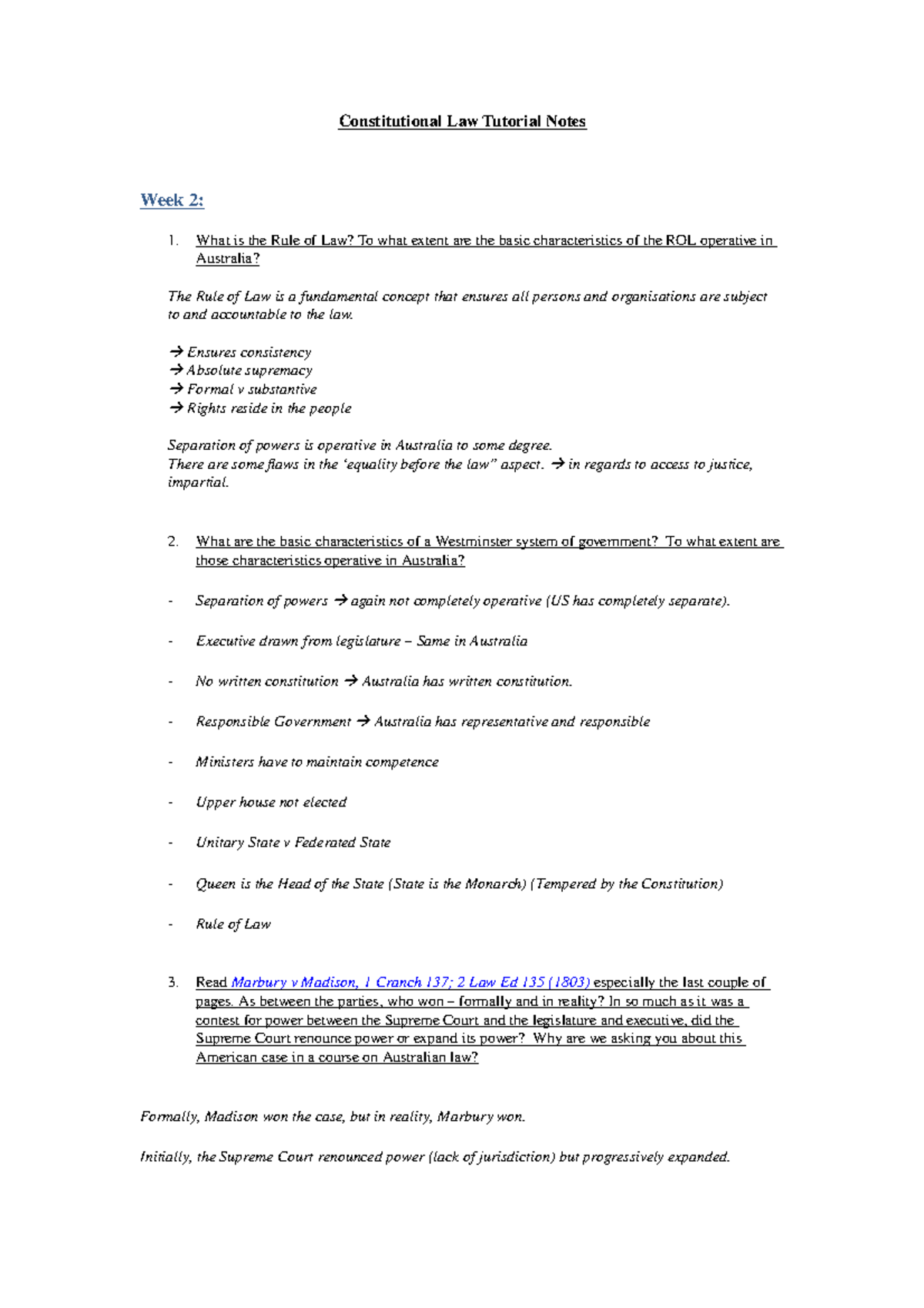 Constitutional Law Tutorial Notes - Ensures consistency Absolute ...