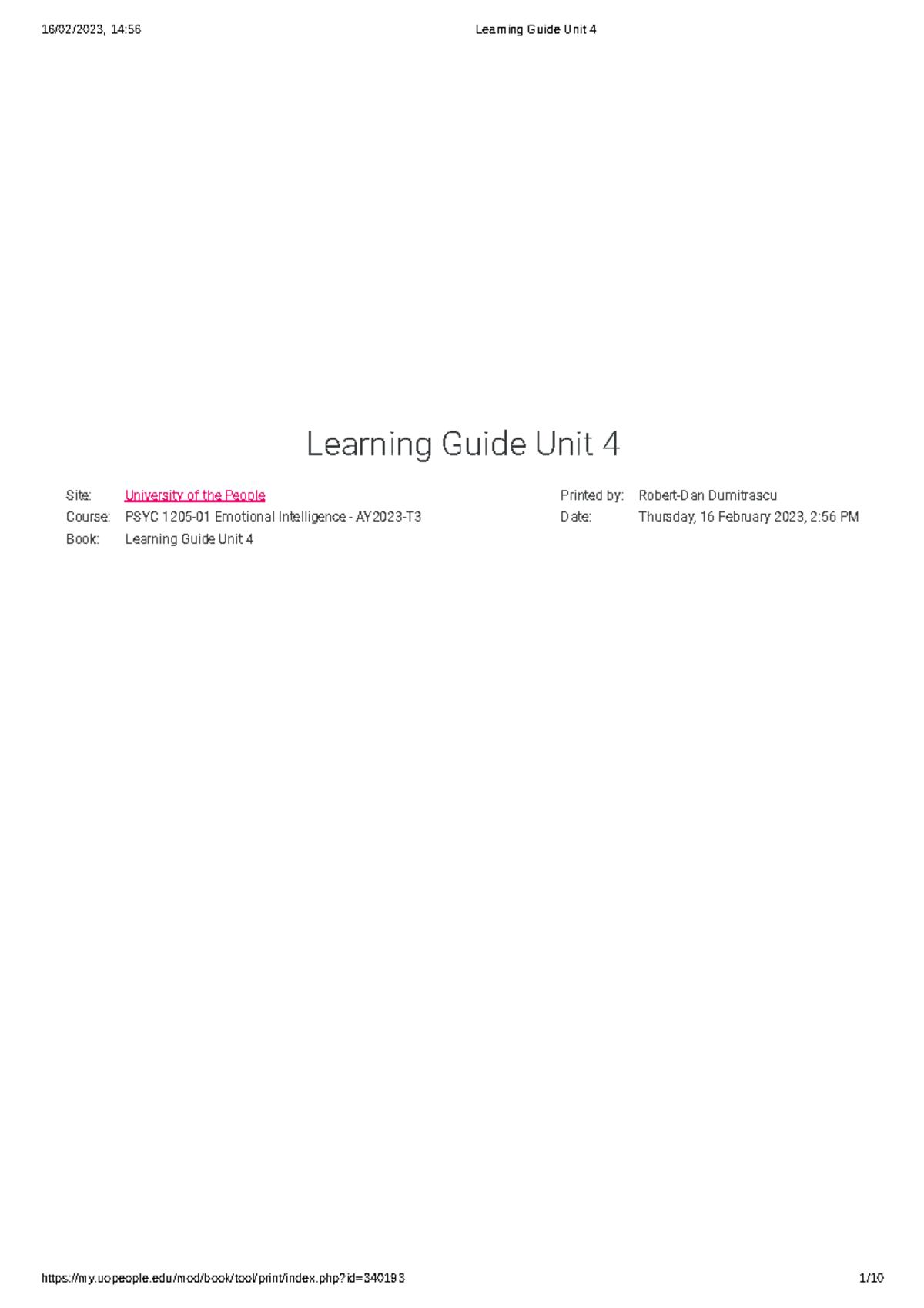 Learning Guide Unit 4 - PSYC 1205-01 - Emotional Intelligence - TUM - Studocu