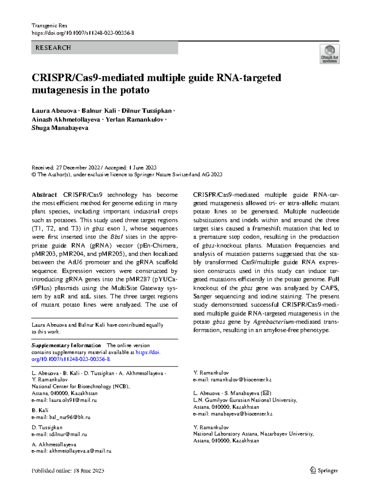 Crispr Cas9-mediated multiple guide RNA-targeted mutagenesis in the ...