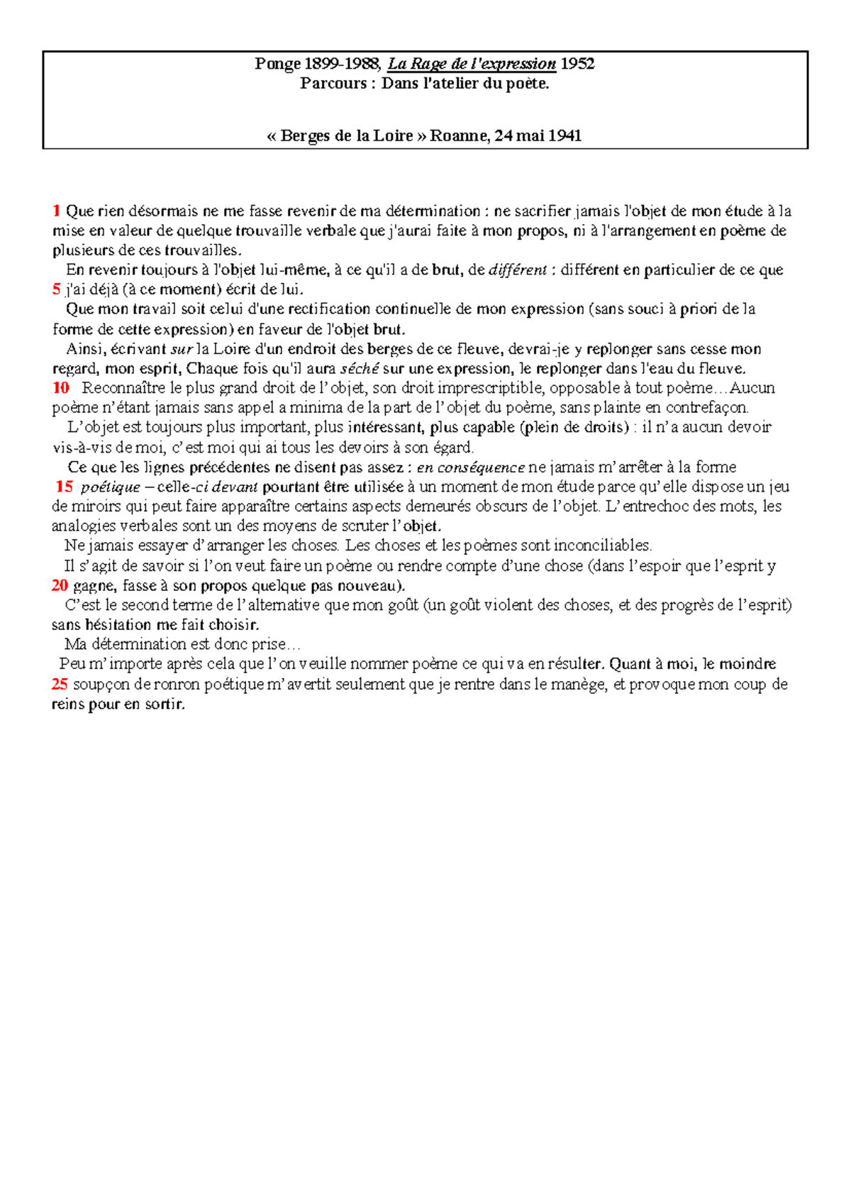 1 Berges DE LA Loire Texte - Ponge 1899- 1988 , La Rage de l'expression 1952 Parcours : Dans ...