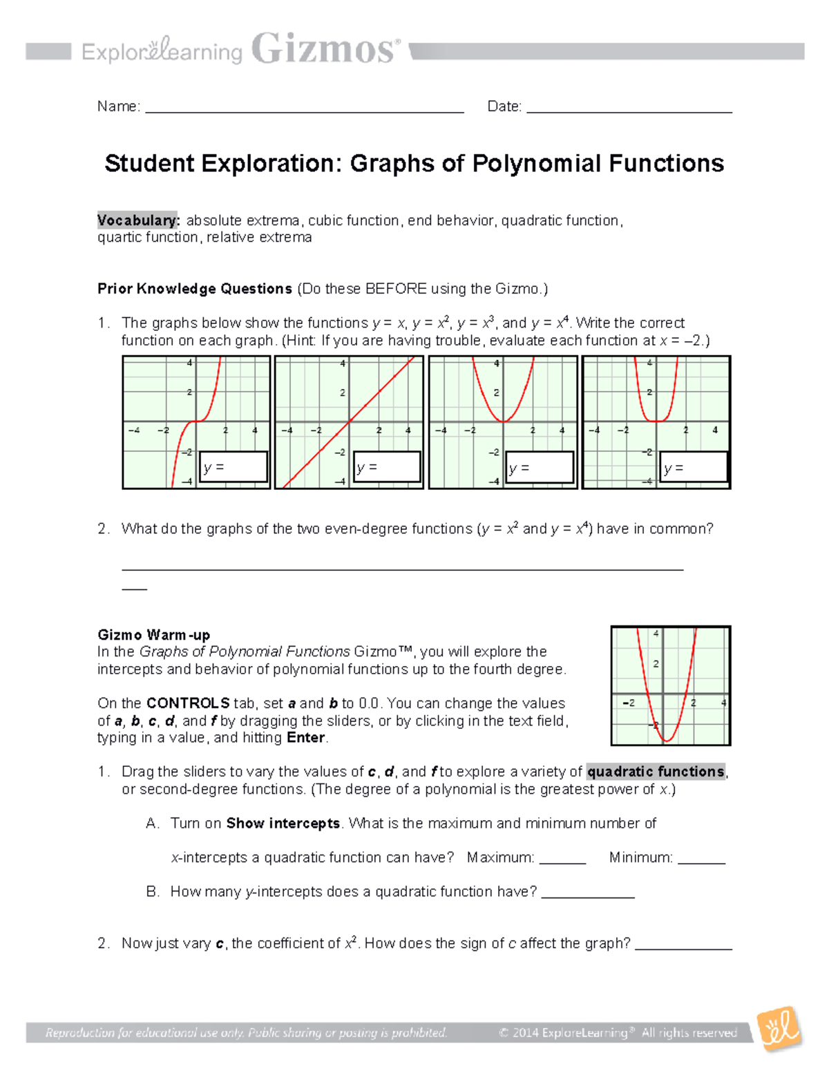 MHF4U-Unit1-Graphs Polynomial Funcs SE - Name: Date: Student Exploration: Graphs of Polynomial ...