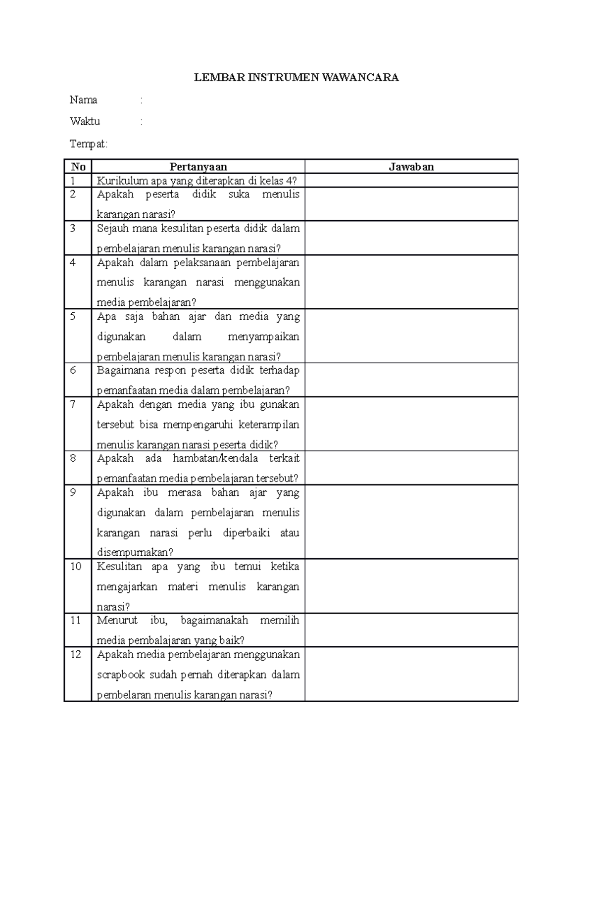 Instrumen instrumen - LEMBAR INSTRUMEN WAWANCARA Nama : Waktu : Tempat ...