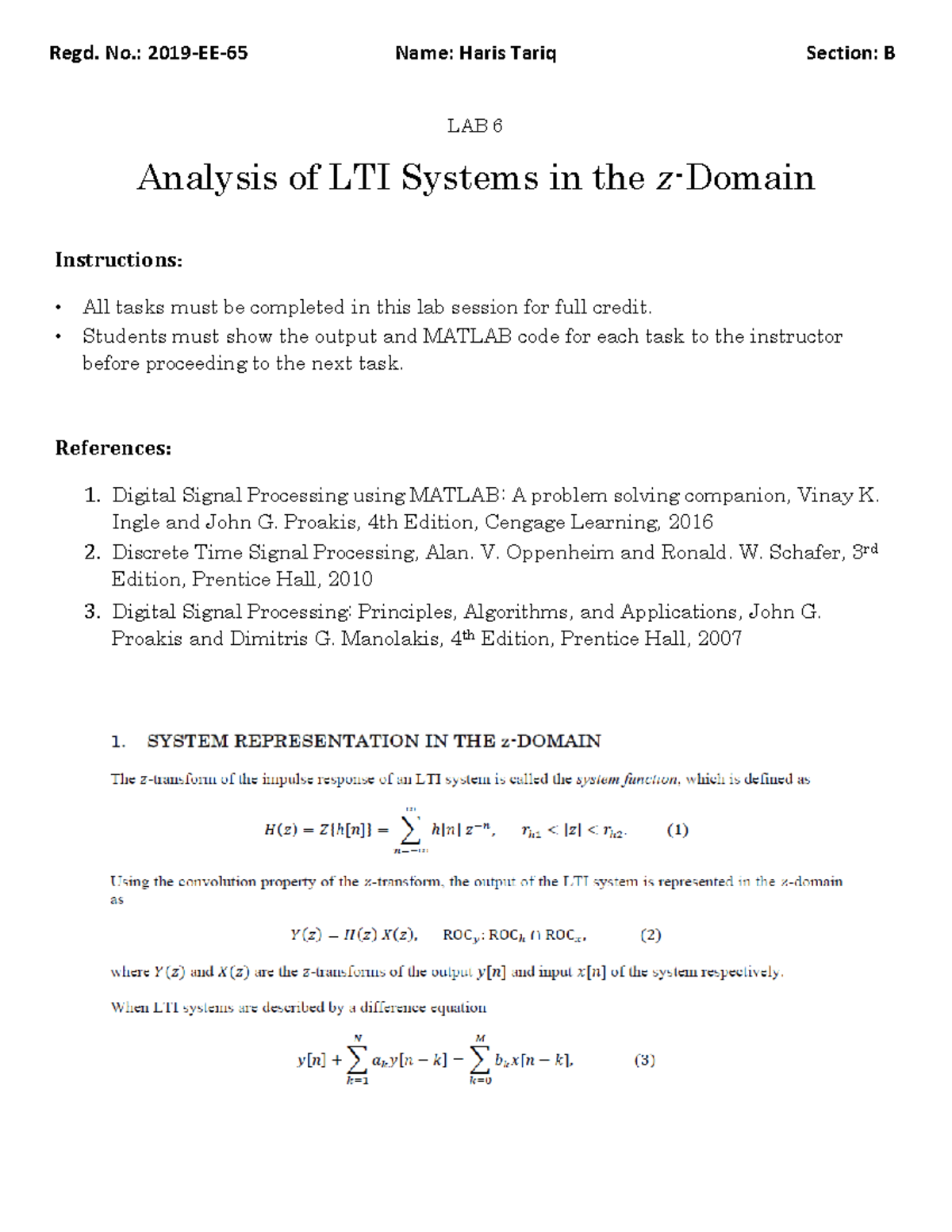 Lab 6 - Regd. No.: 2019-EE-65 Name: Haris Tariq Section: B LAB 6 Analysis of LTI Systems in the ...