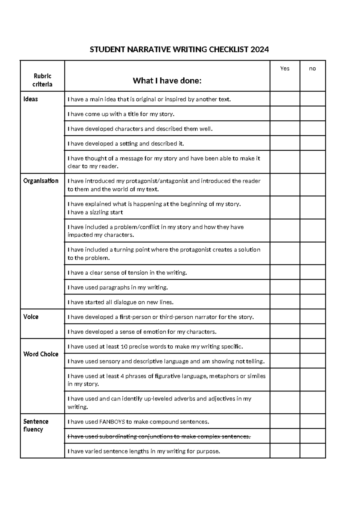 Student Narrative Checklist (2024) - STUDENT NARRATIVE WRITING ...