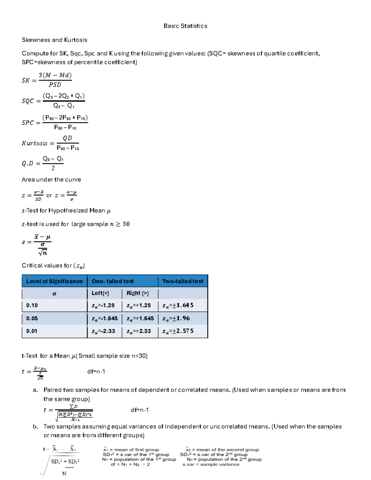 Basic Statistics Formula FOR 3RD Quarter - Basic Statistics Skewness ...