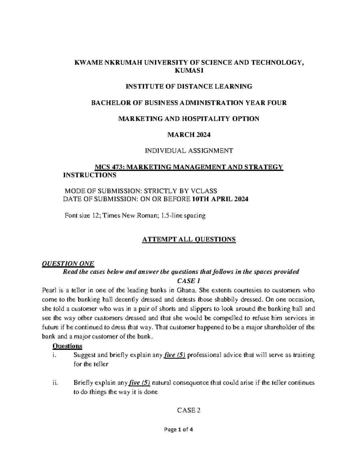 MCS 473 Individual Assignment March 2024 - KWAME NKRUMAH UNIVERSITY OF ...