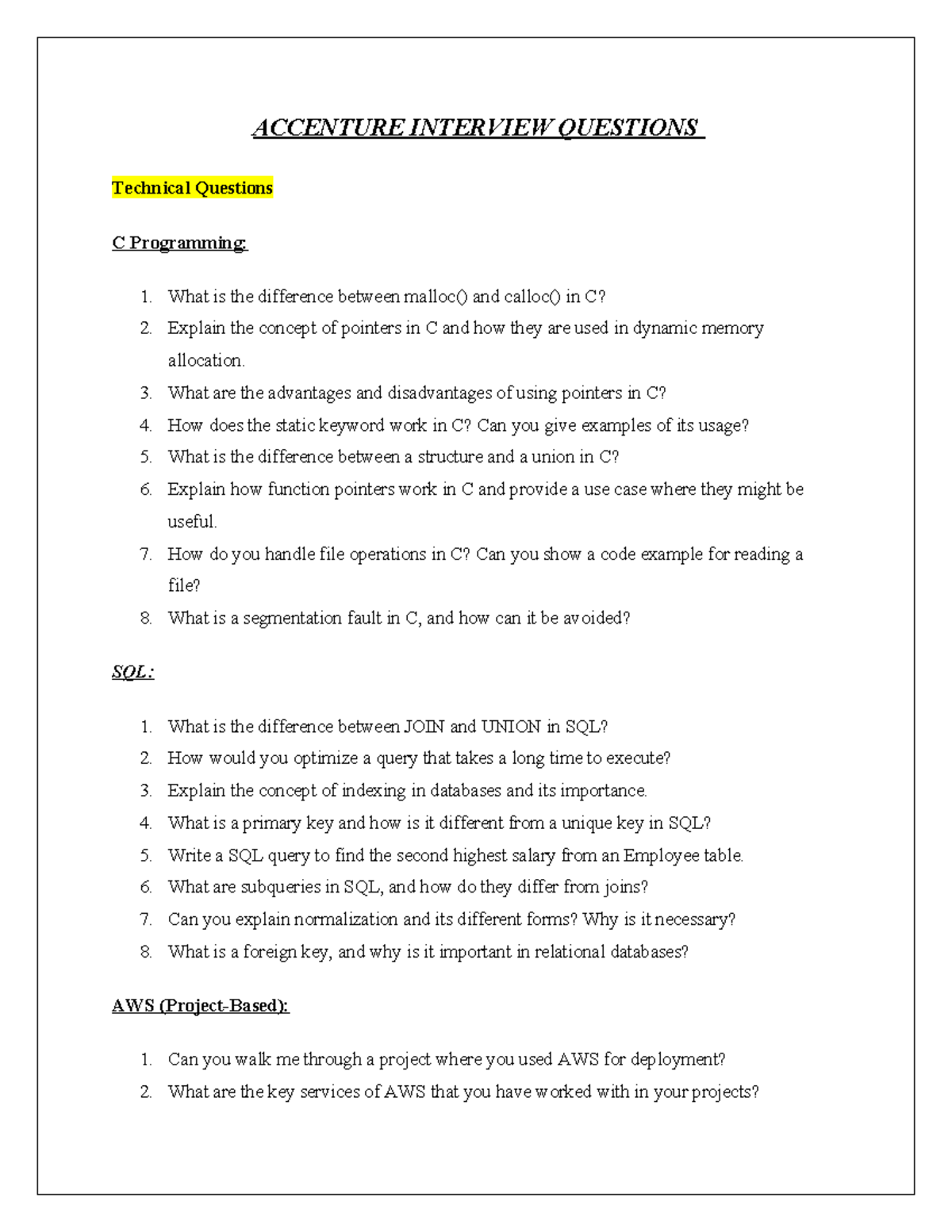 Accenture Interview Questions Accenture Interview Questions Technical Questions C Programming