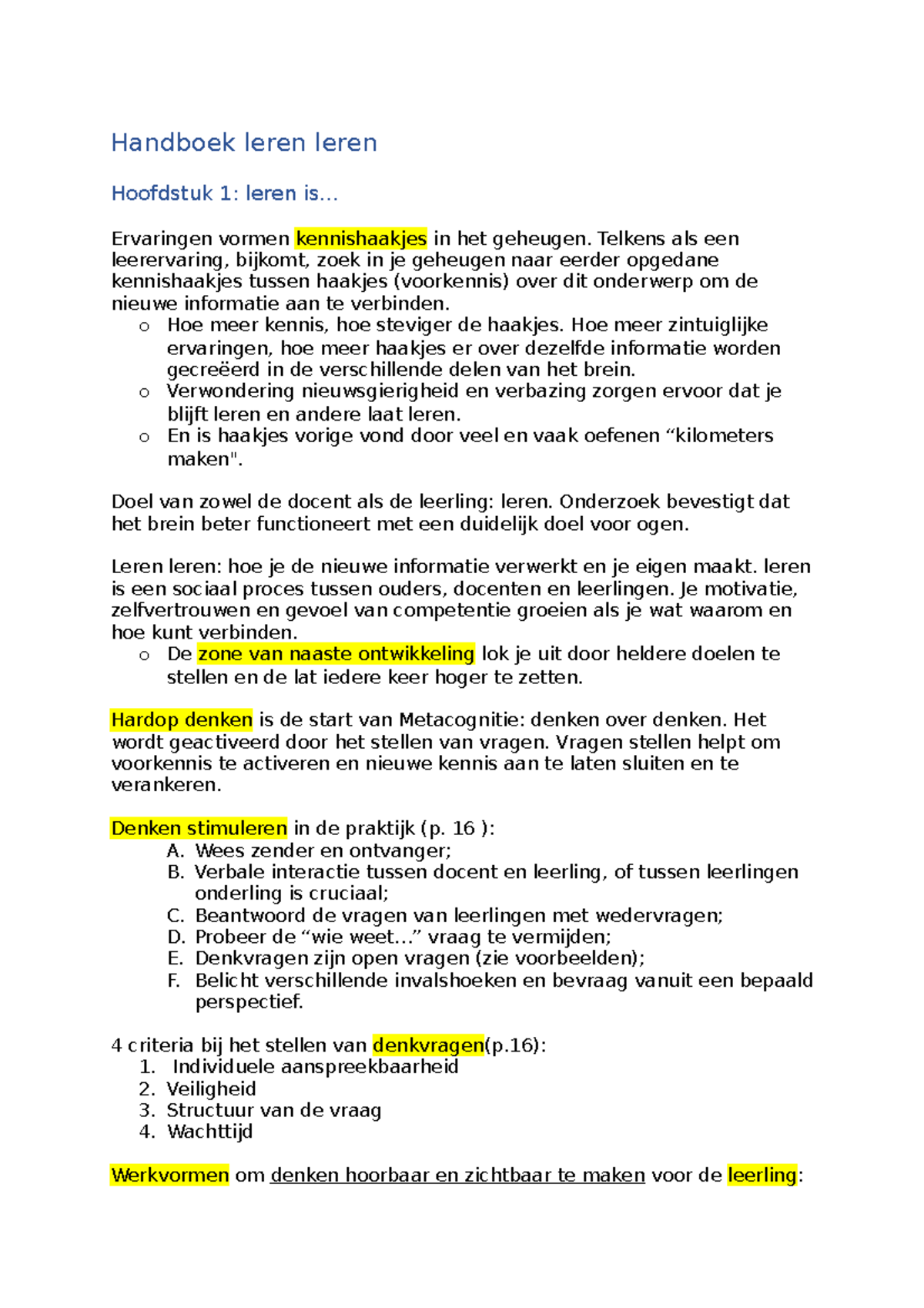 Handboek leren leren - Handboek leren leren Hoofdstuk 1: leren is ...