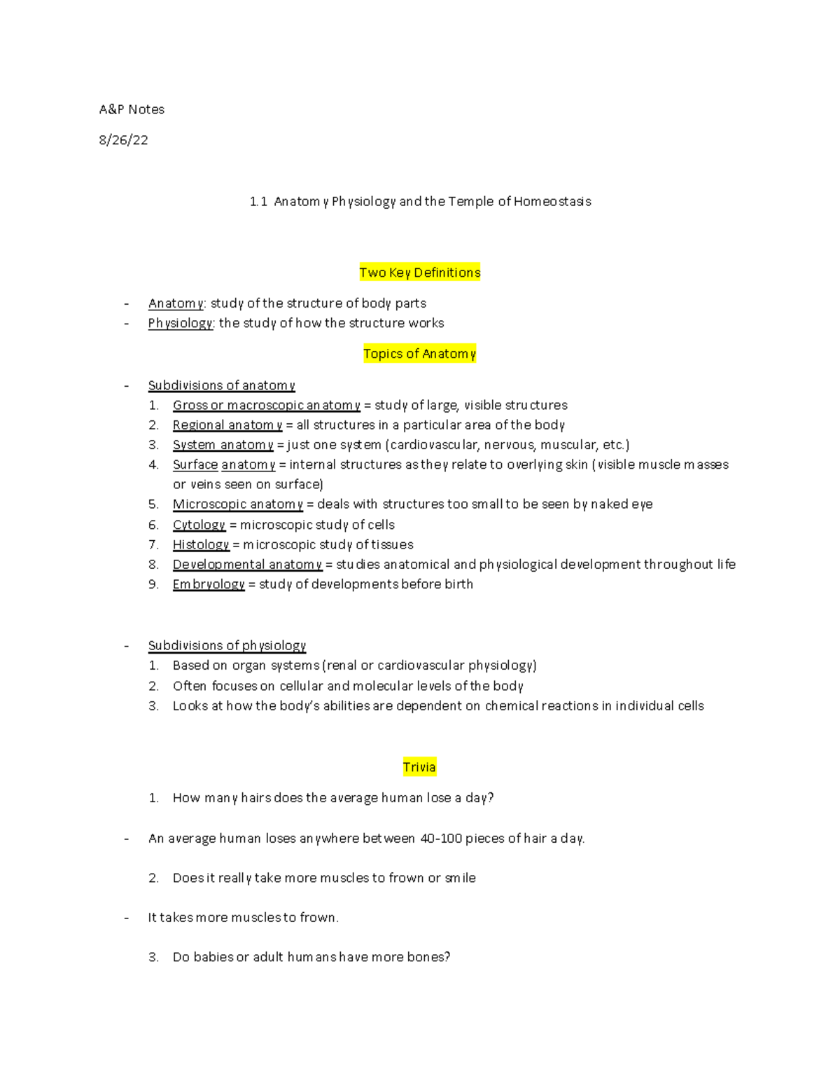 Anatomy and Physiology notes - A&P Notes 8/26/ 1 Anatomy Physiology and ...