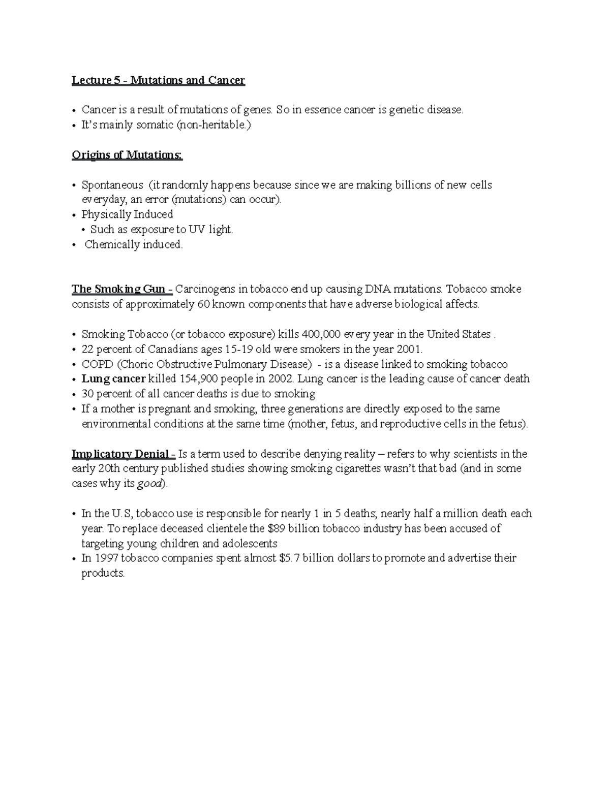 NATS 1670 Lecture 5 - Lecture 5 - Mutations and Cancer Cancer is a ...