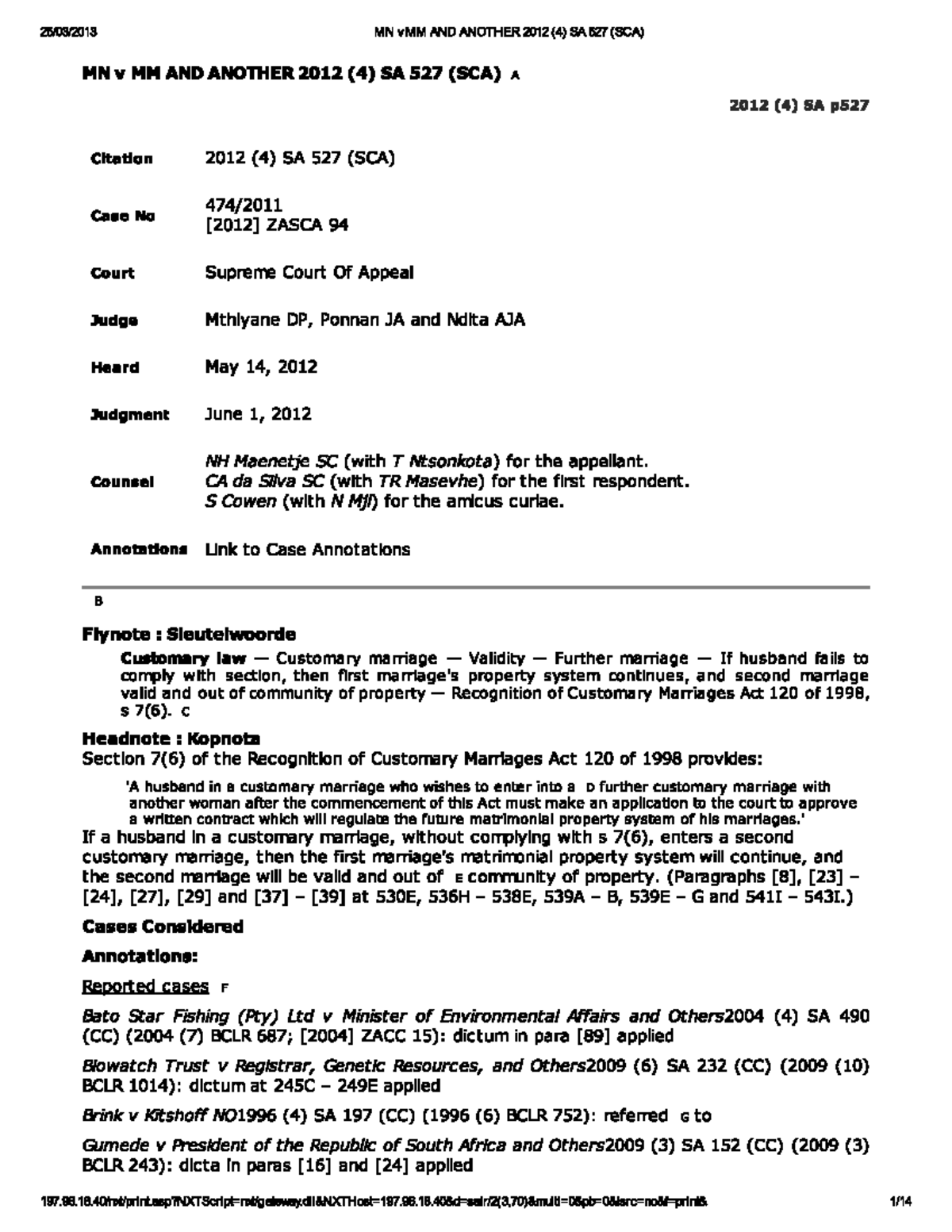 MN v MM AND Another 2012 (4) SA 527 (SCA) - LPUB4814 4 - Studocu