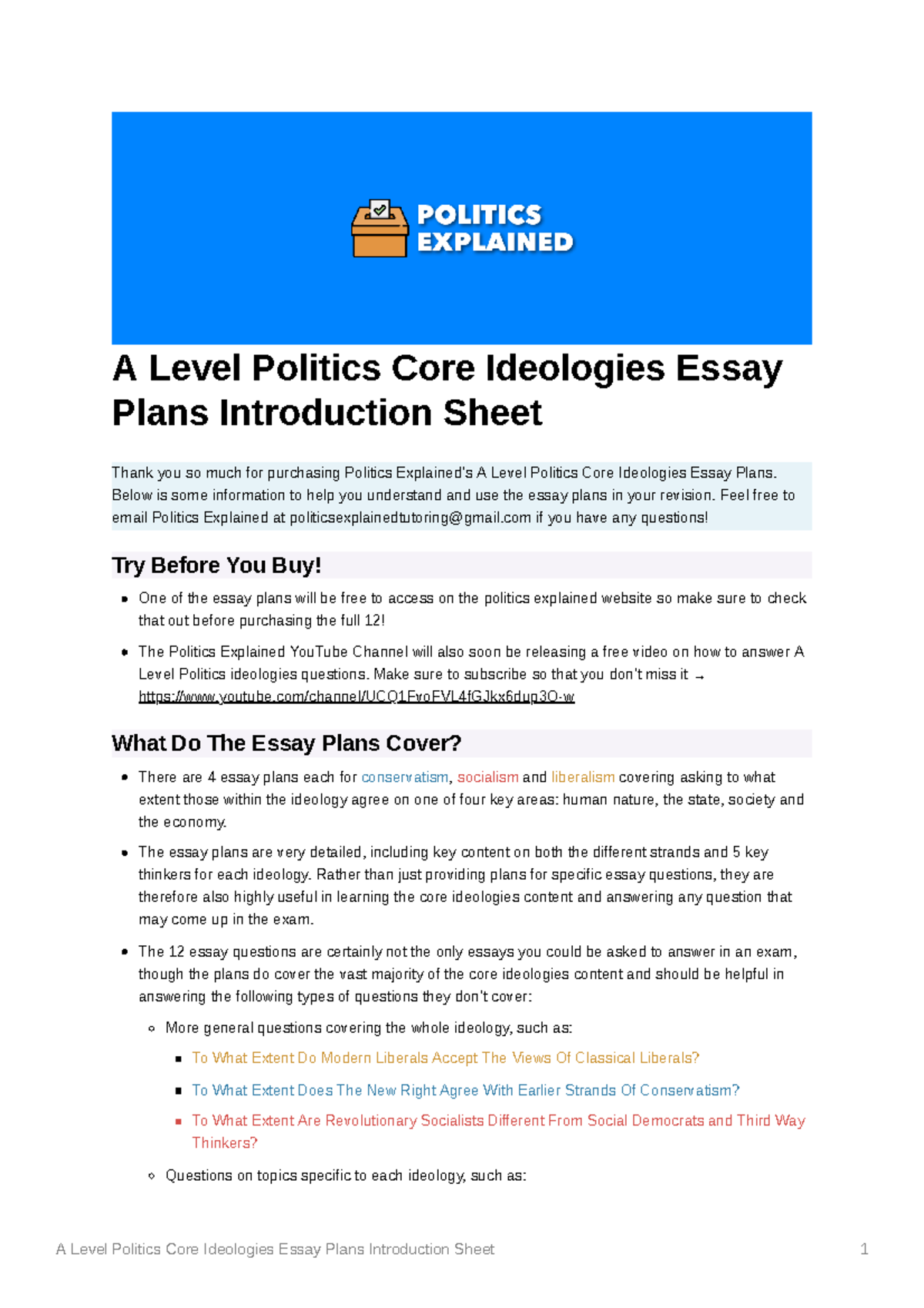 A Level Politics Core Ideologies Essay Plans Introduction Sheet - Below is some information to ...