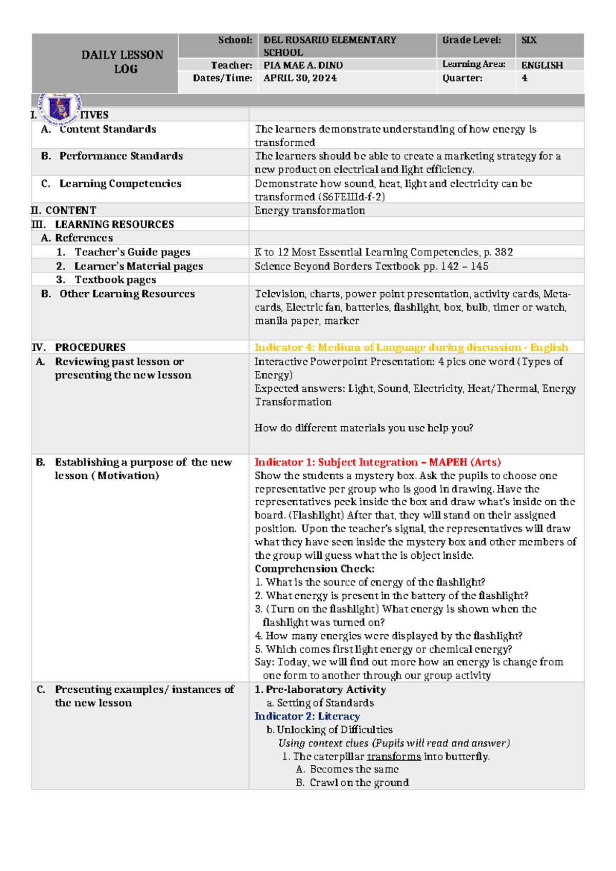 Lesson-PLAN-IN- Science-6-COT - I. OBJECTIVES A. Content Standards The ...